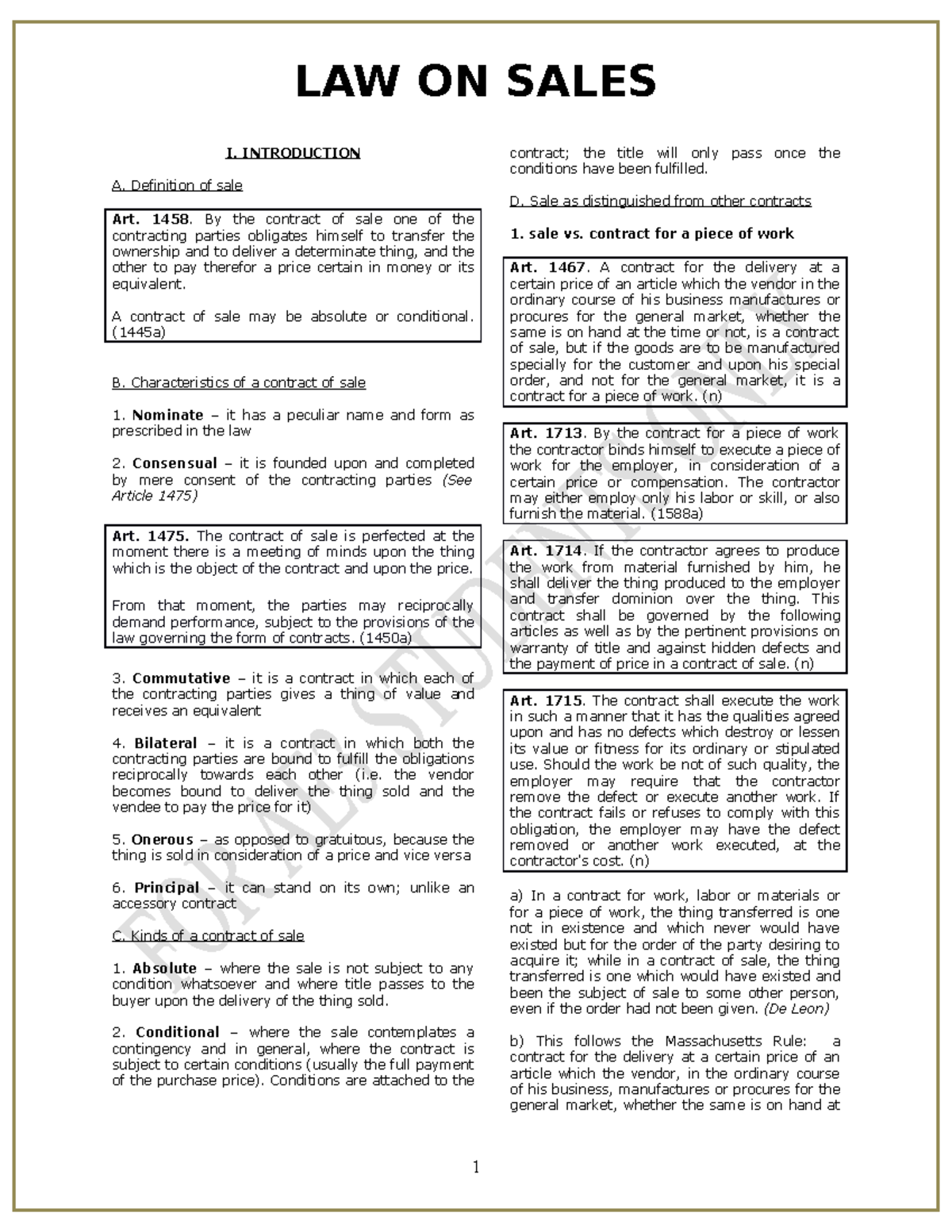 Law on Sales Notes - reviewer - I. INTRODUCTION A. Definition of sale ...