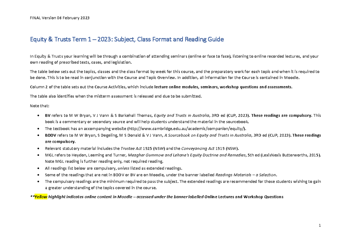 Term 1 2023 Class Format and Reading Guide Final 06022023 - Equity ...