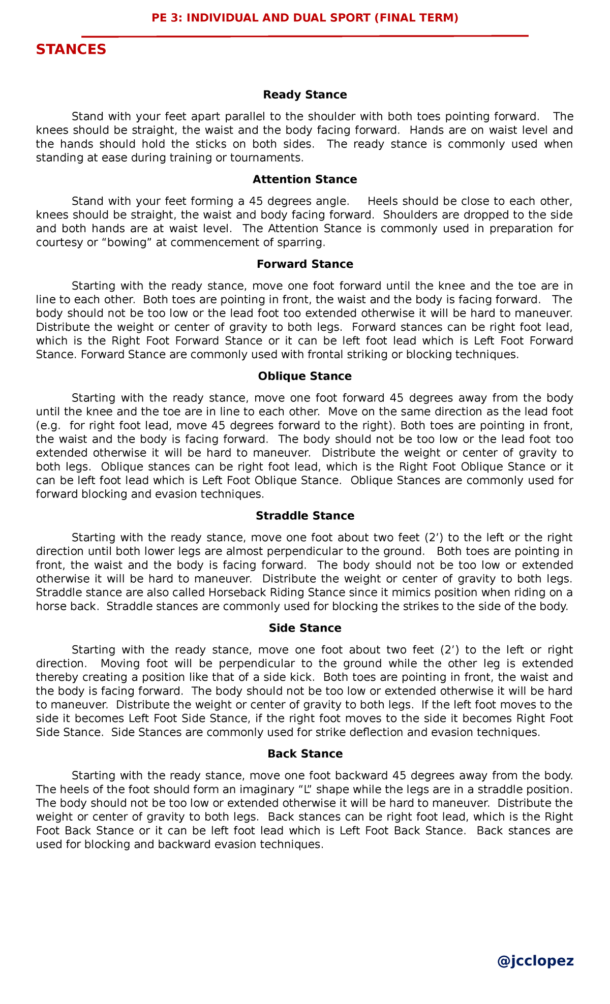 PE 3 HAND OUTS Final TERM - STANCES Ready Stance Stand with your feet ...