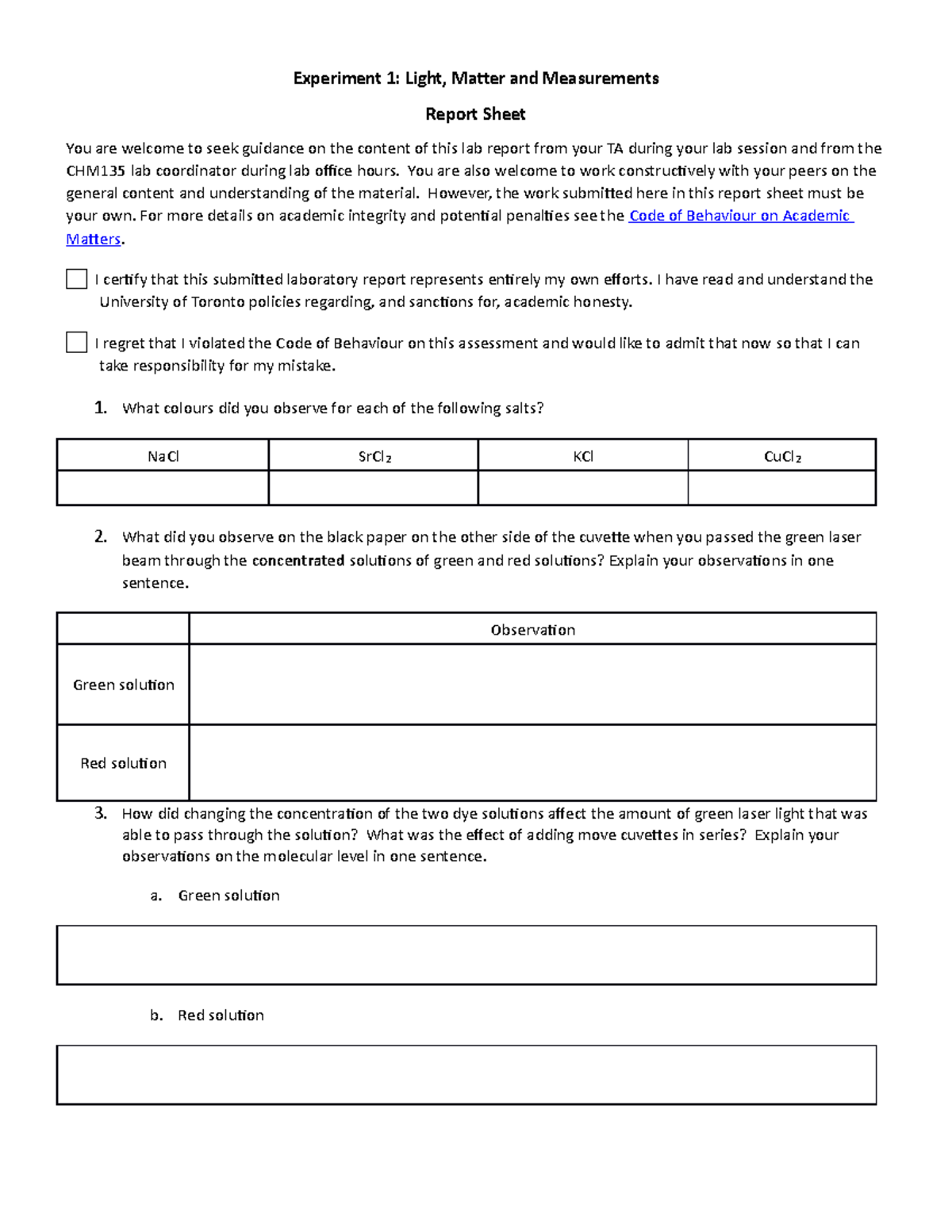 CHM135 Lab 1 report sheet - Experiment 1: Light, Matter and ...