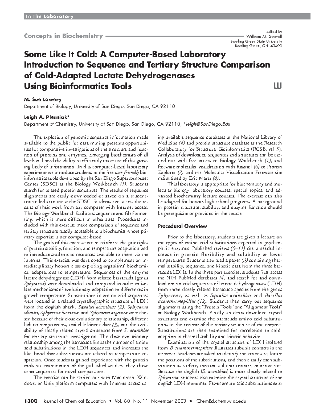 Some Like It Cold A Computer-Based Laboratory Introduction to Sequence ...