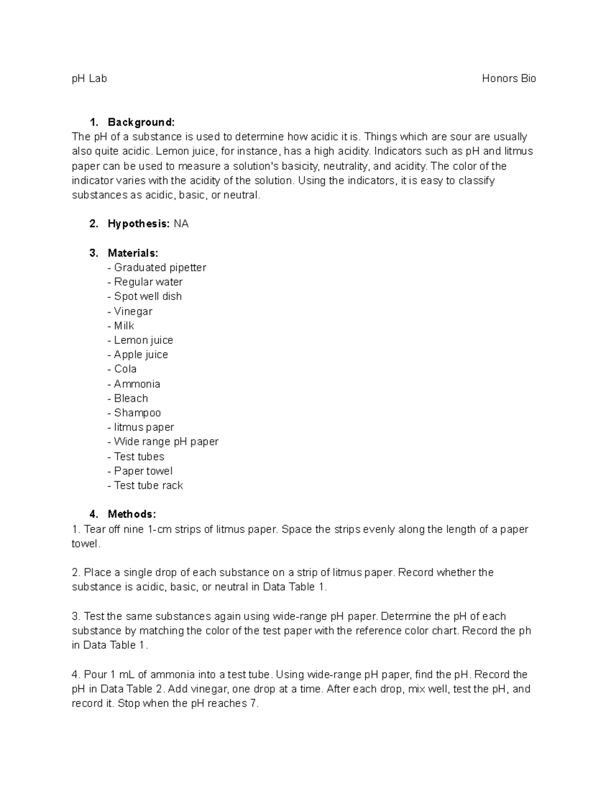 PH Lab write up - pH Lab Honors Bio Background: The pH of a substance ...