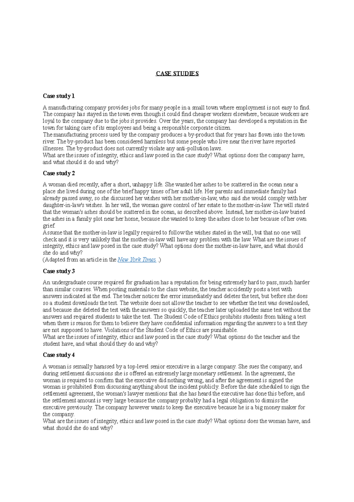 Case Studies for Evaluation - CASE STUDIES Case study 1 A manufacturing ...