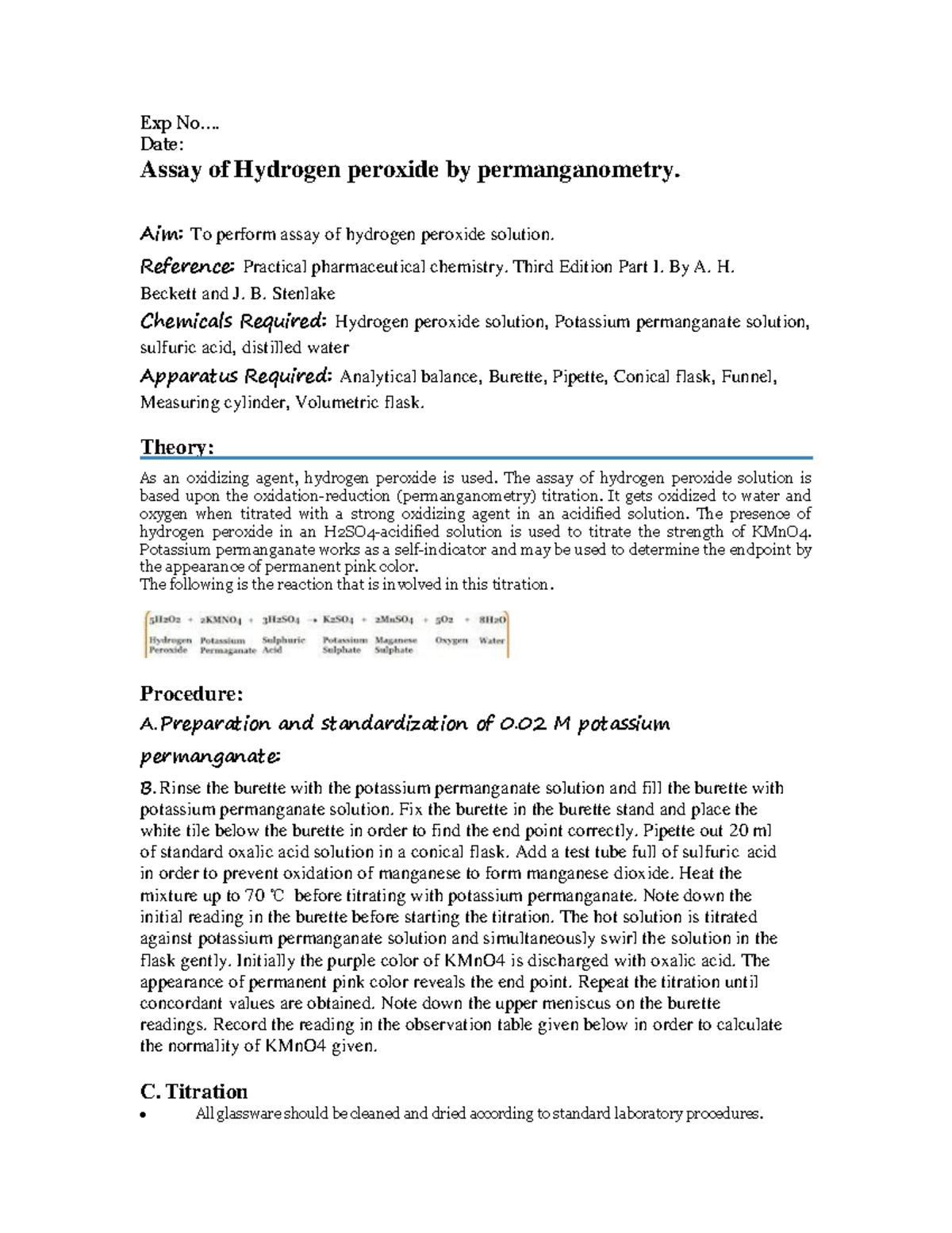 Assay of H2O2 - Exp No.... Date: Assay of Hydrogen peroxide by ...