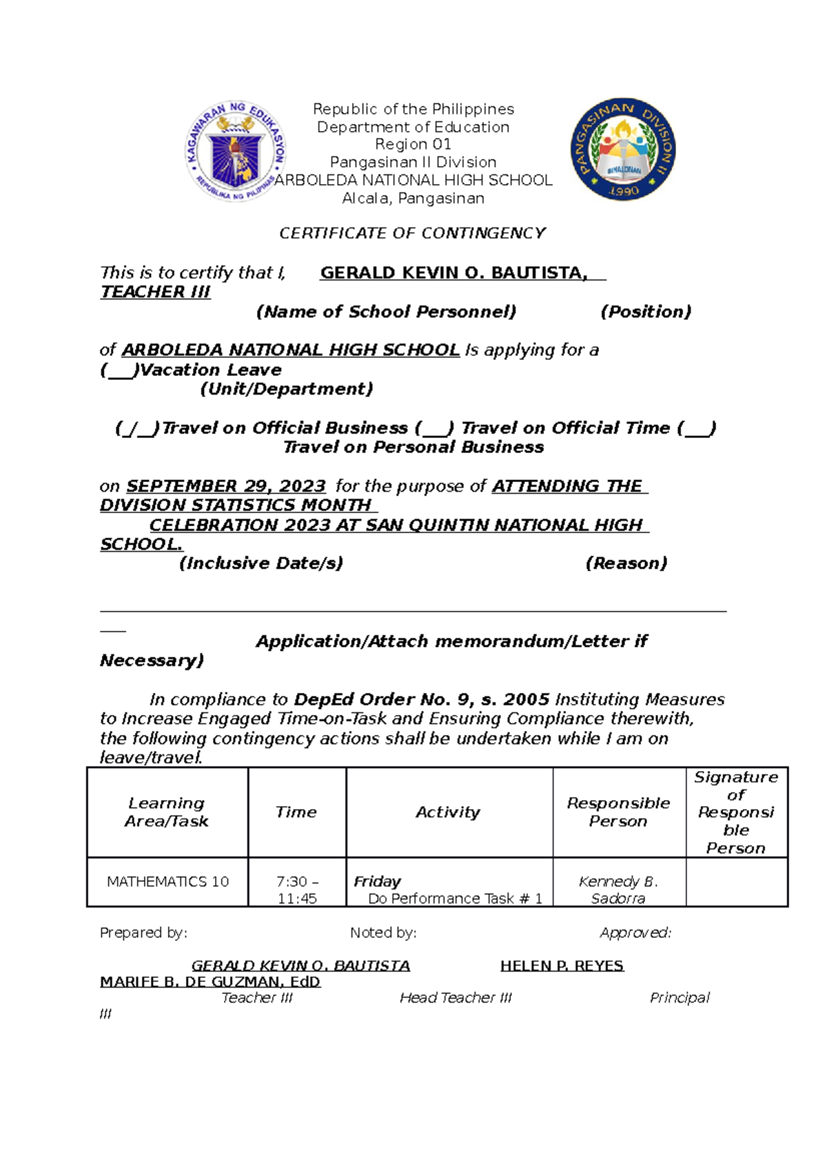 Contingency Plan - Republic of the Philippines Department of Education ...