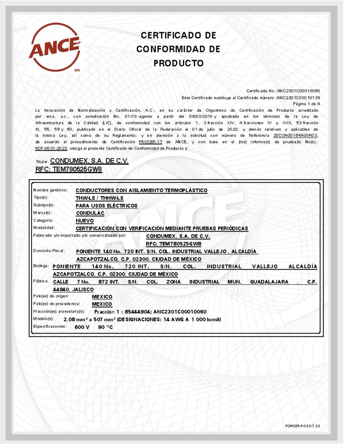 ANCE Condulac THW - certificacado de calidad cable - CONFORMIDAD DE ...