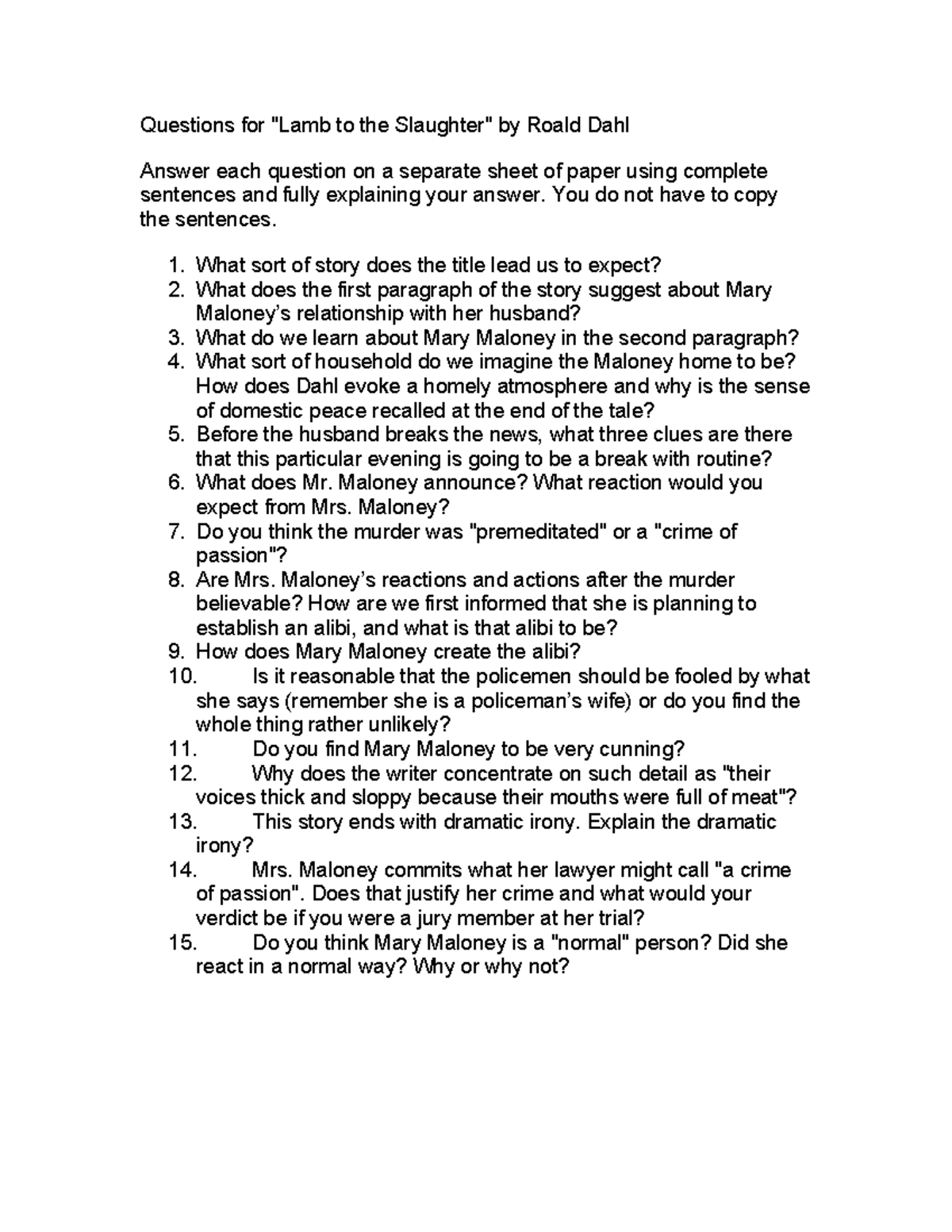 Questions for Lamb to the Slaughter - Questions for "Lamb to the ...