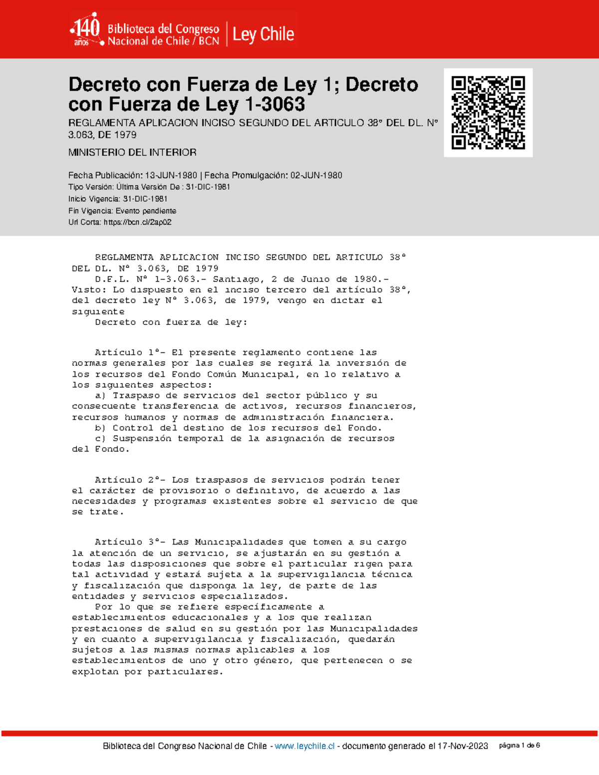 Decreto con Fuerza de Ley 1; Decreto con Fuerza de Ley 1-3063 - 1980 ...