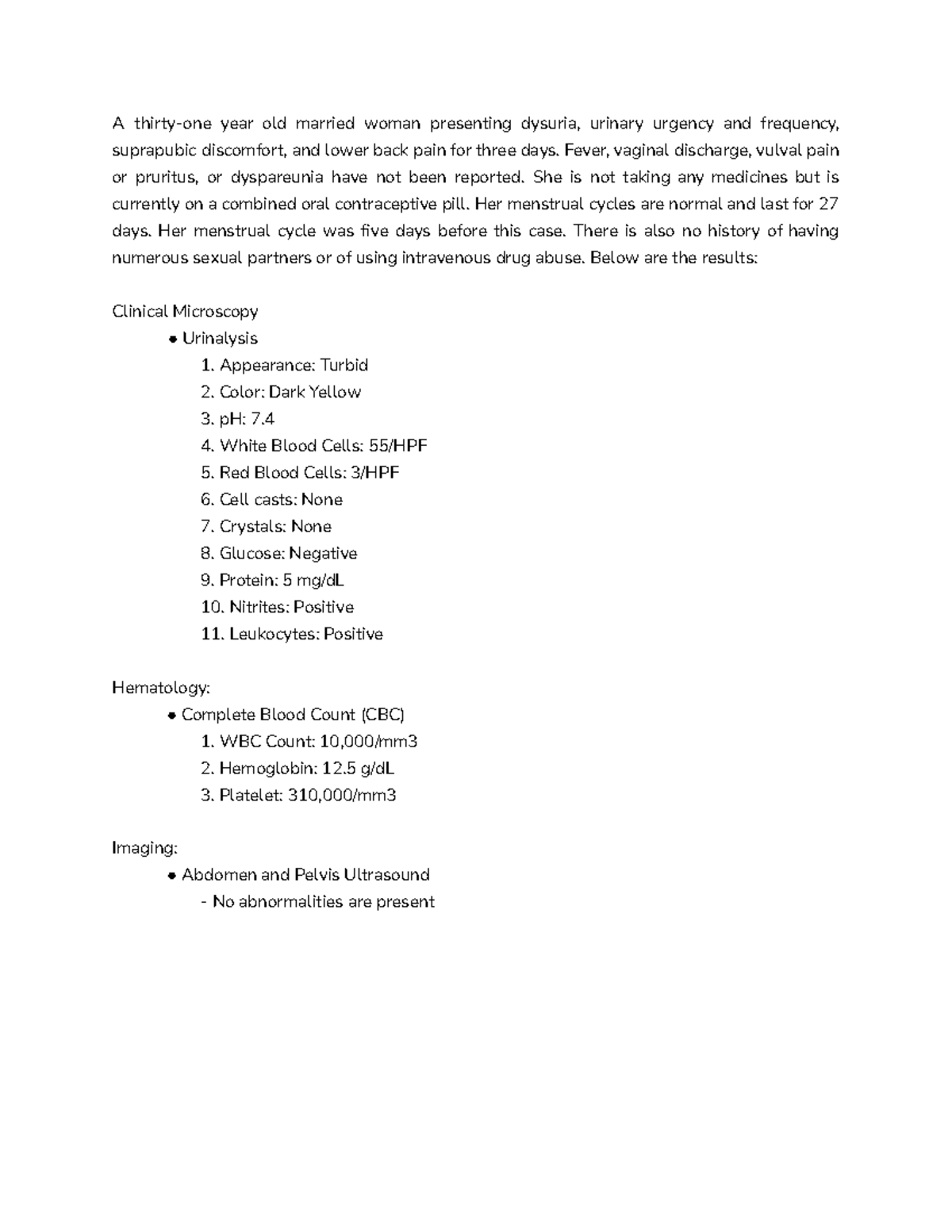 AUBF Case Study - A thirty-one year old married woman presenting dysuria, urinary urgency and ...