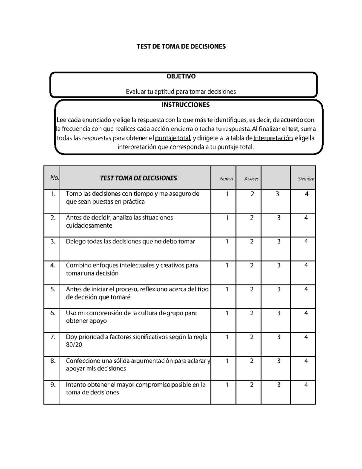 U3A9 Toma decisiones - N o . TEST TOMA DE DECISIONES Nun co A vece s Co ...