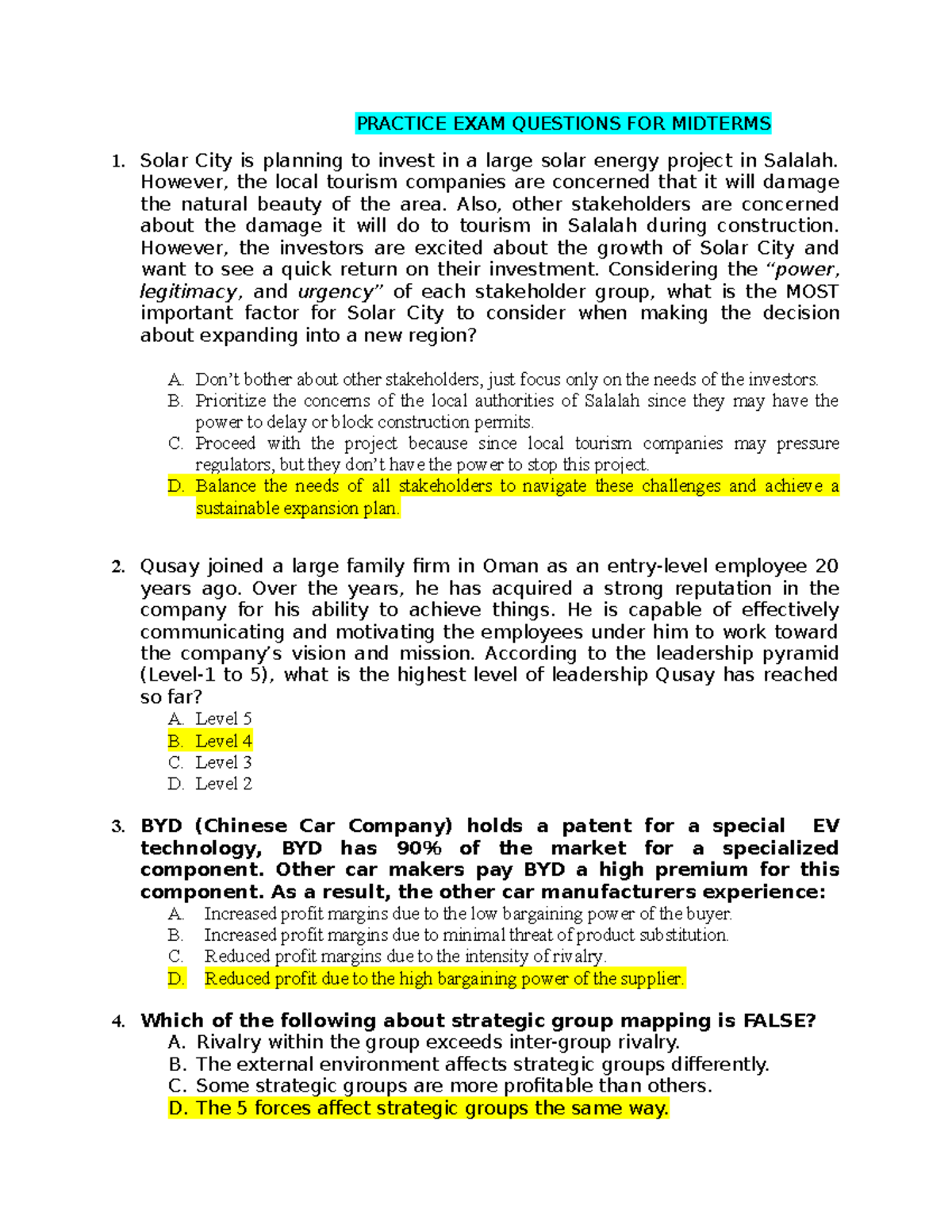 Practice EXAM Questions FOR Midterms - PRACTICE EXAM QUESTIONS FOR MIDTERMS Solar City is ...
