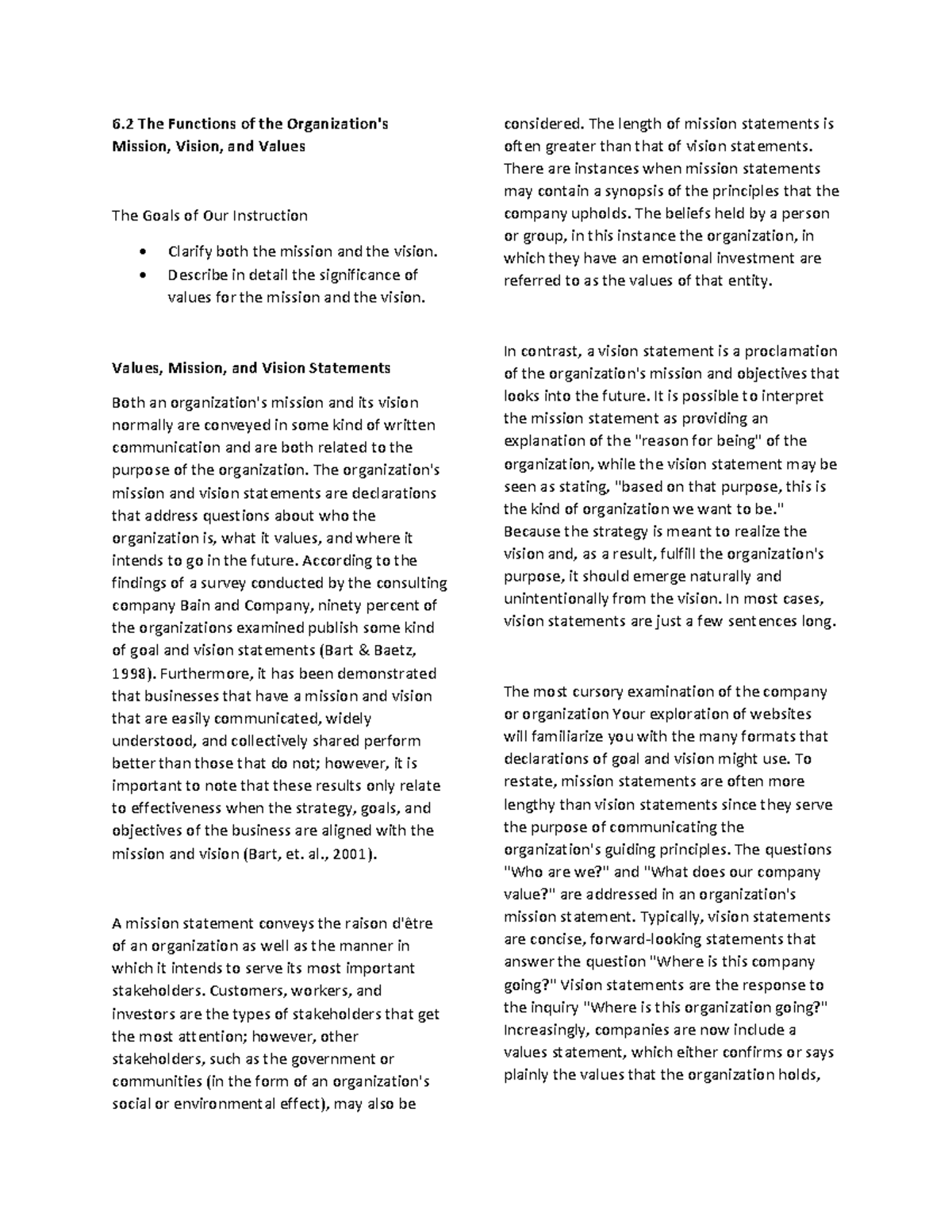 6.2 The Functions of the Organization's Mission, Vision, and Values ...
