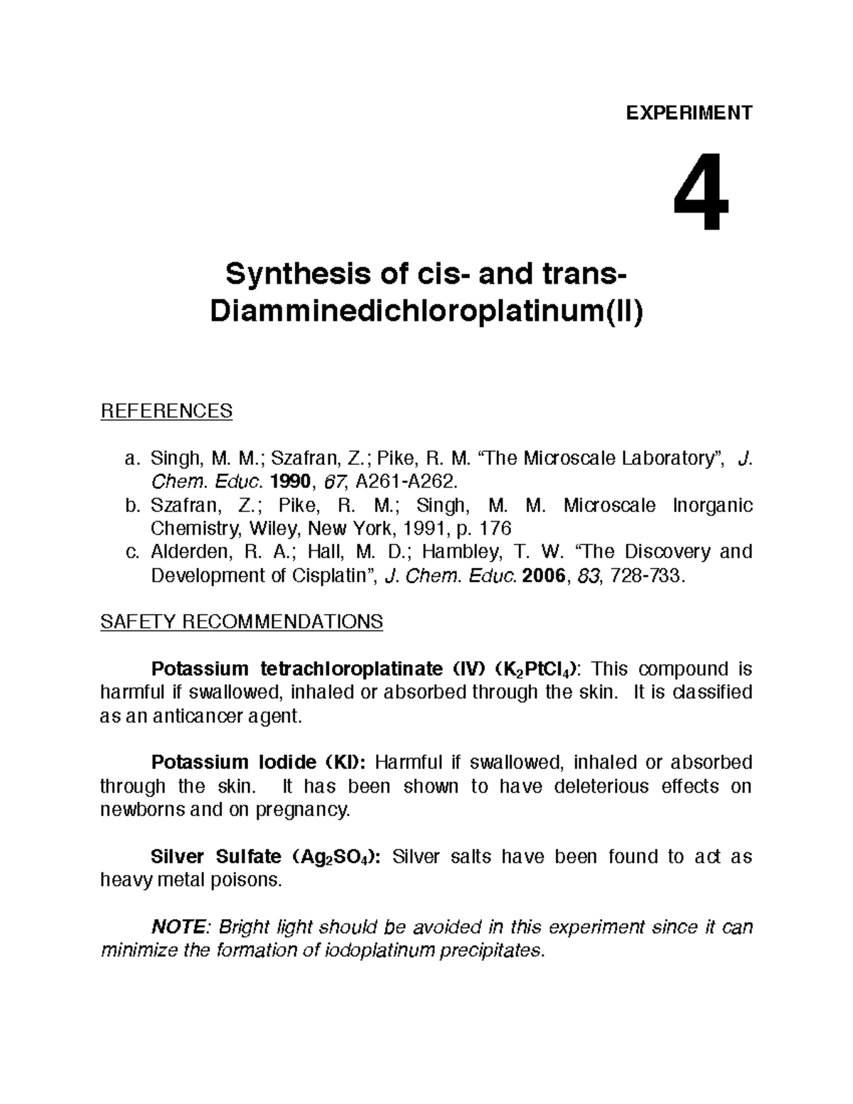 Information about Trans Platin - EXPERIMENT 4 Synthesis of cis- and ...