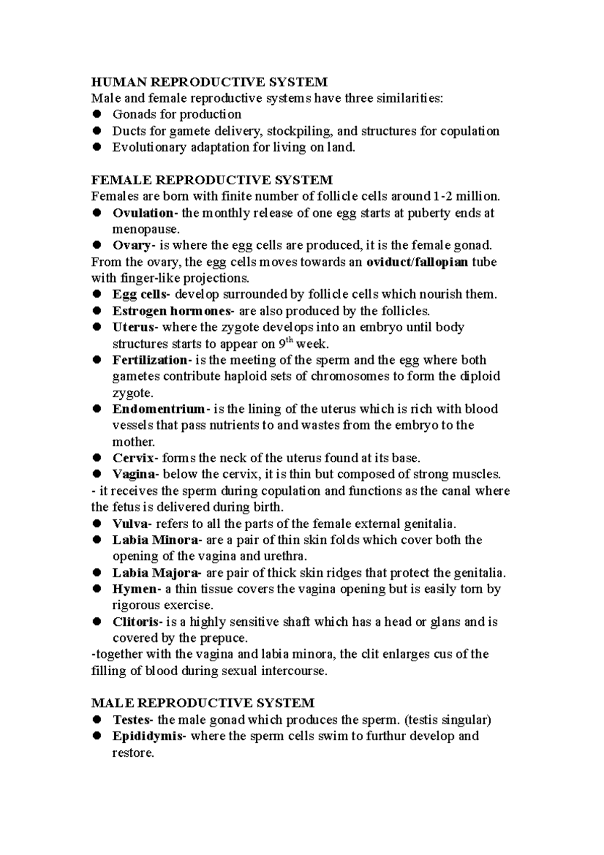 BIO 1 Reviewer first semester senior high school - HUMAN REPRODUCTIVE ...