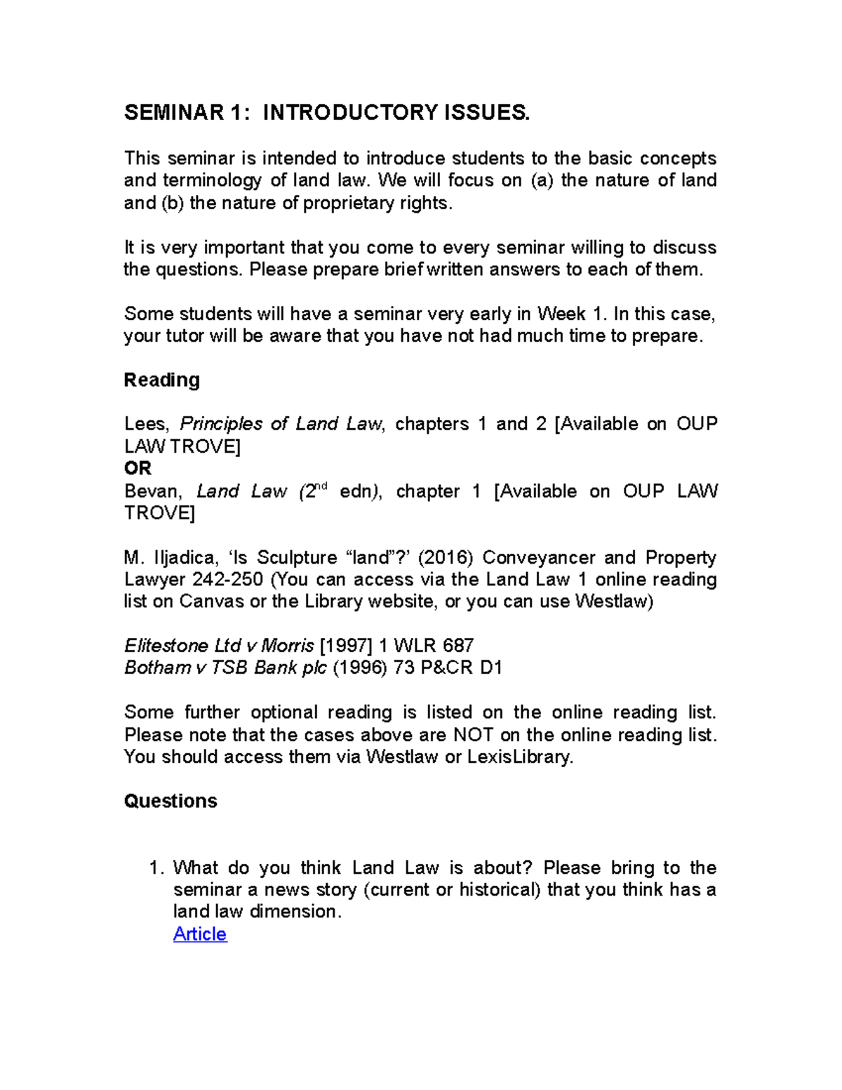 Seminar 1 - SEMINAR 1: INTRODUCTORY ISSUES. This seminar is intended to ...