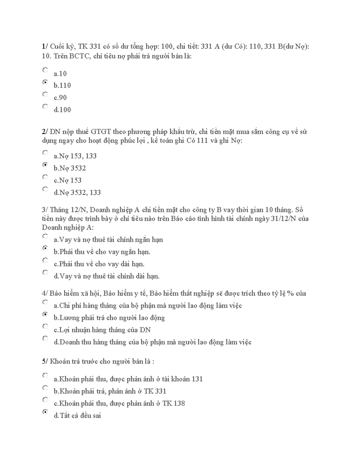 Trắc nghiệm chương 5 - 6 - 1/ Cuối kỳ, TK 331 có số dư tổng hợp: 100 ...