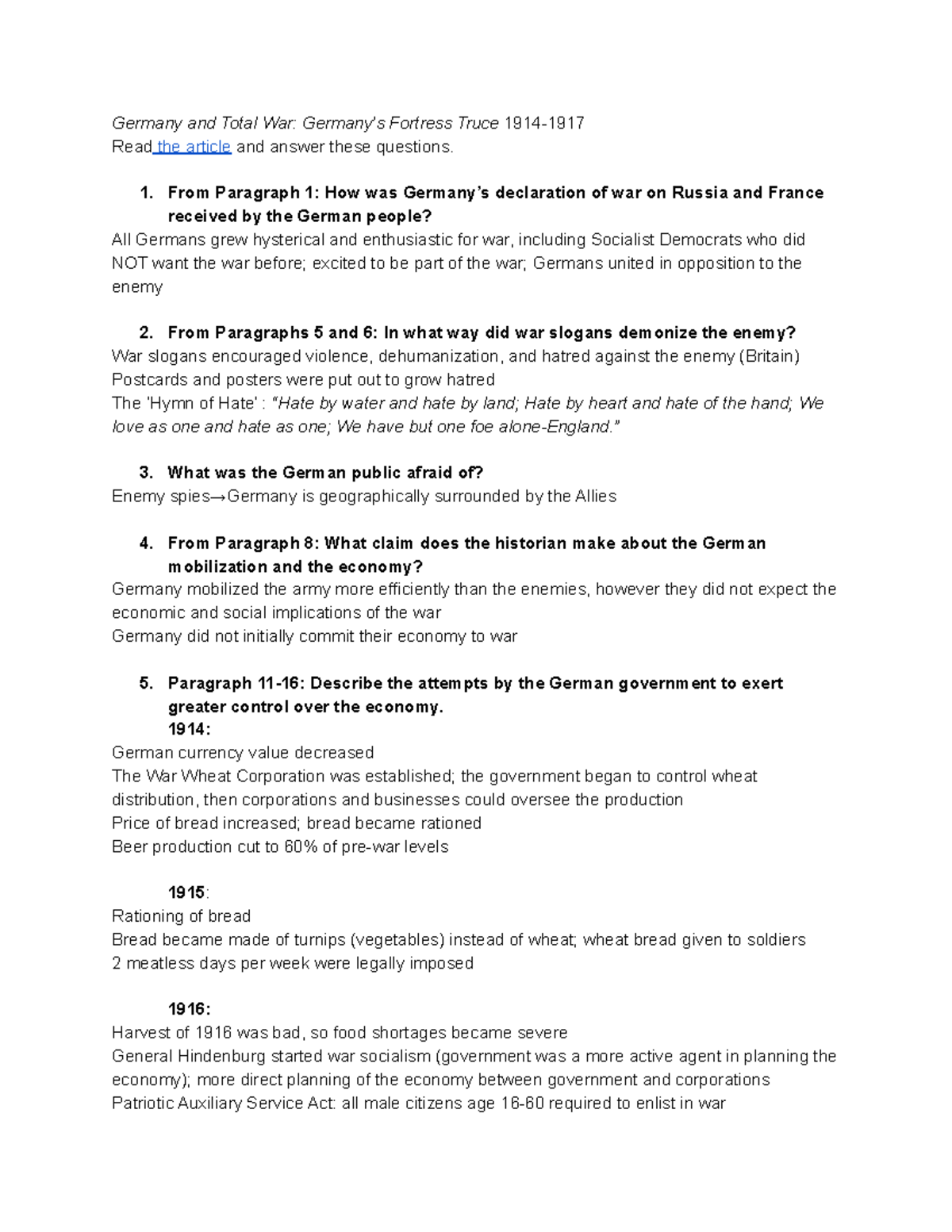 Germany and Total War, 1914-1917 - Germany and Total War: Germany’s ...