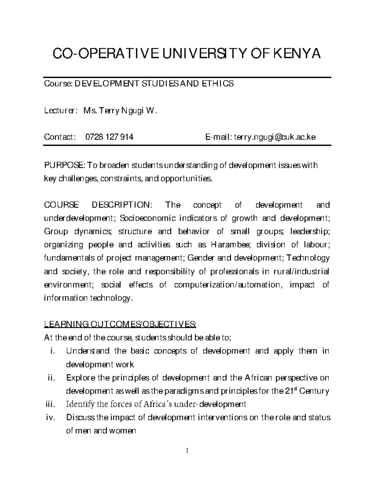 Course Outline Devpt Studies AND Ethics - 1 CO-OPERATIVE UNIVERSITY OF ...