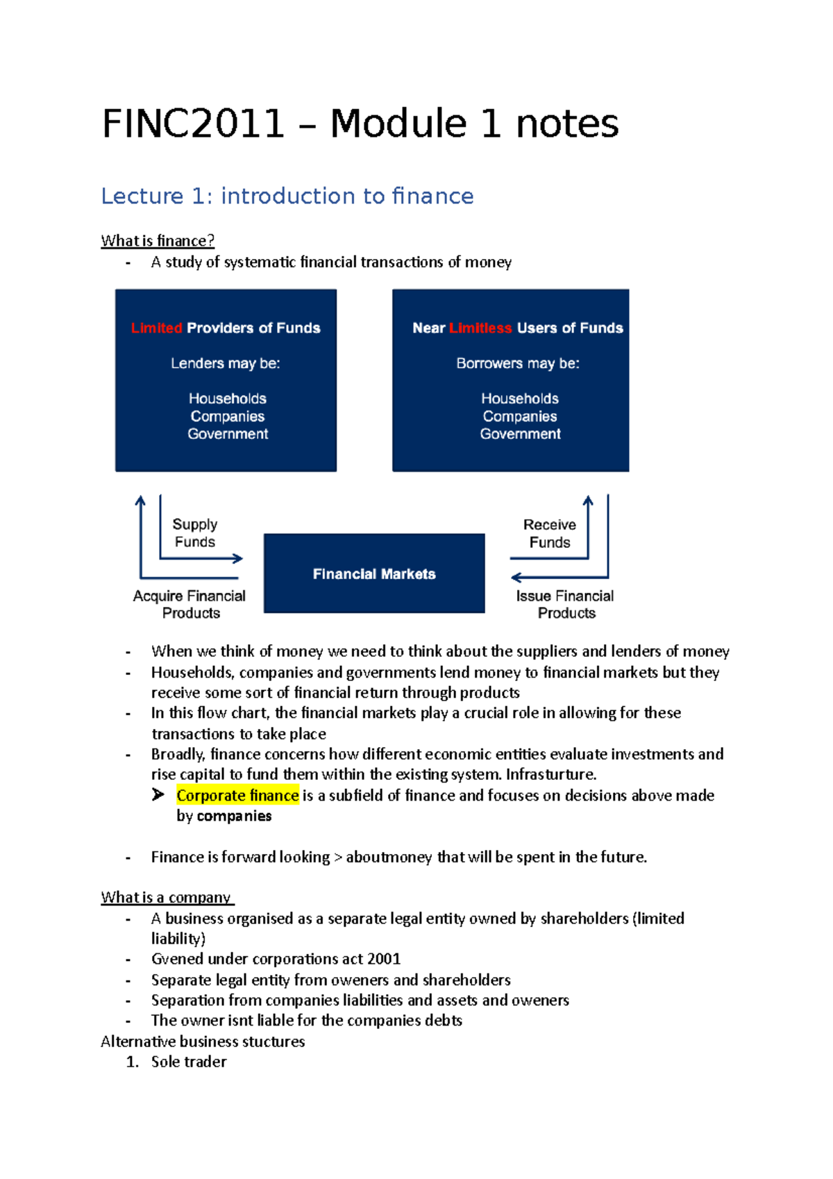 FINC2011 - lecture notes - FINC2011 – Module 1 notes Lecture 1 ...