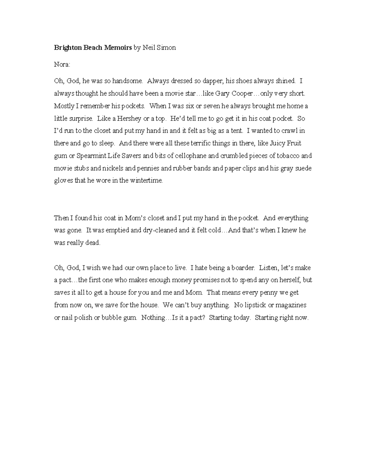 Nora - Brighton Beach Memoirs by Neil Simon - Brighton Beach Memoirs by ...