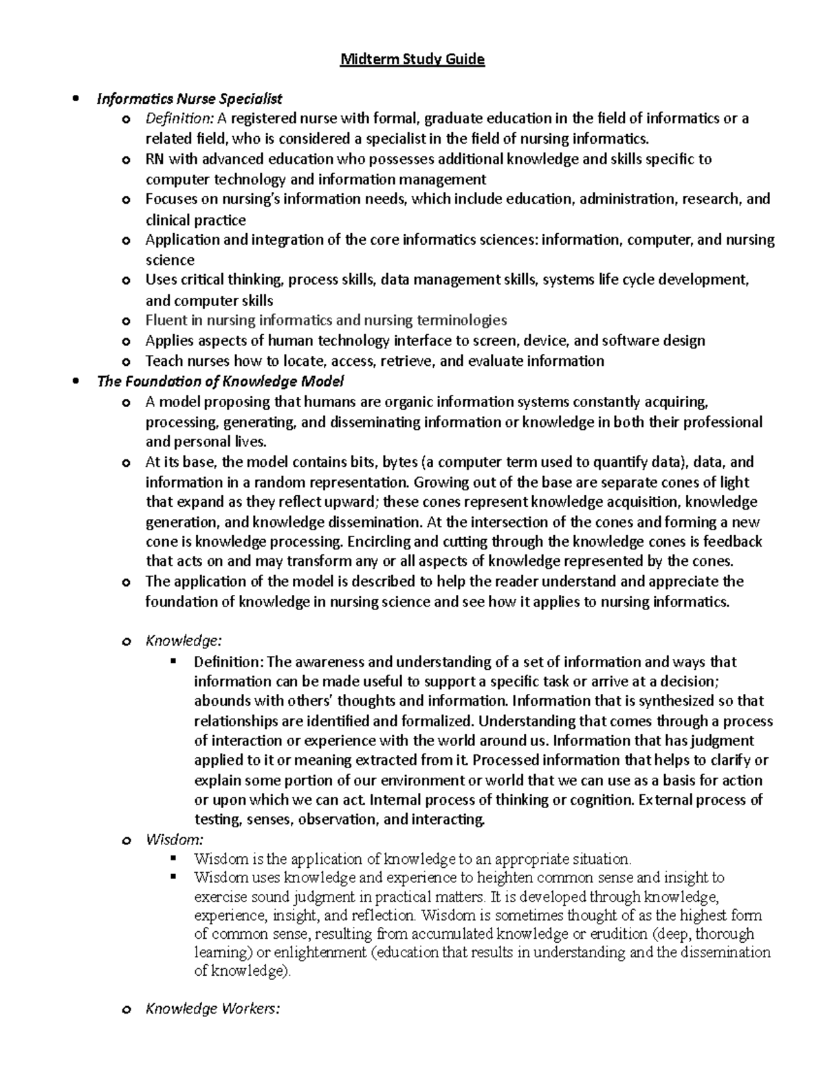 Completed midterm - Midterm Study Guide Informatics Nurse Specialist o Definition: A registered ...