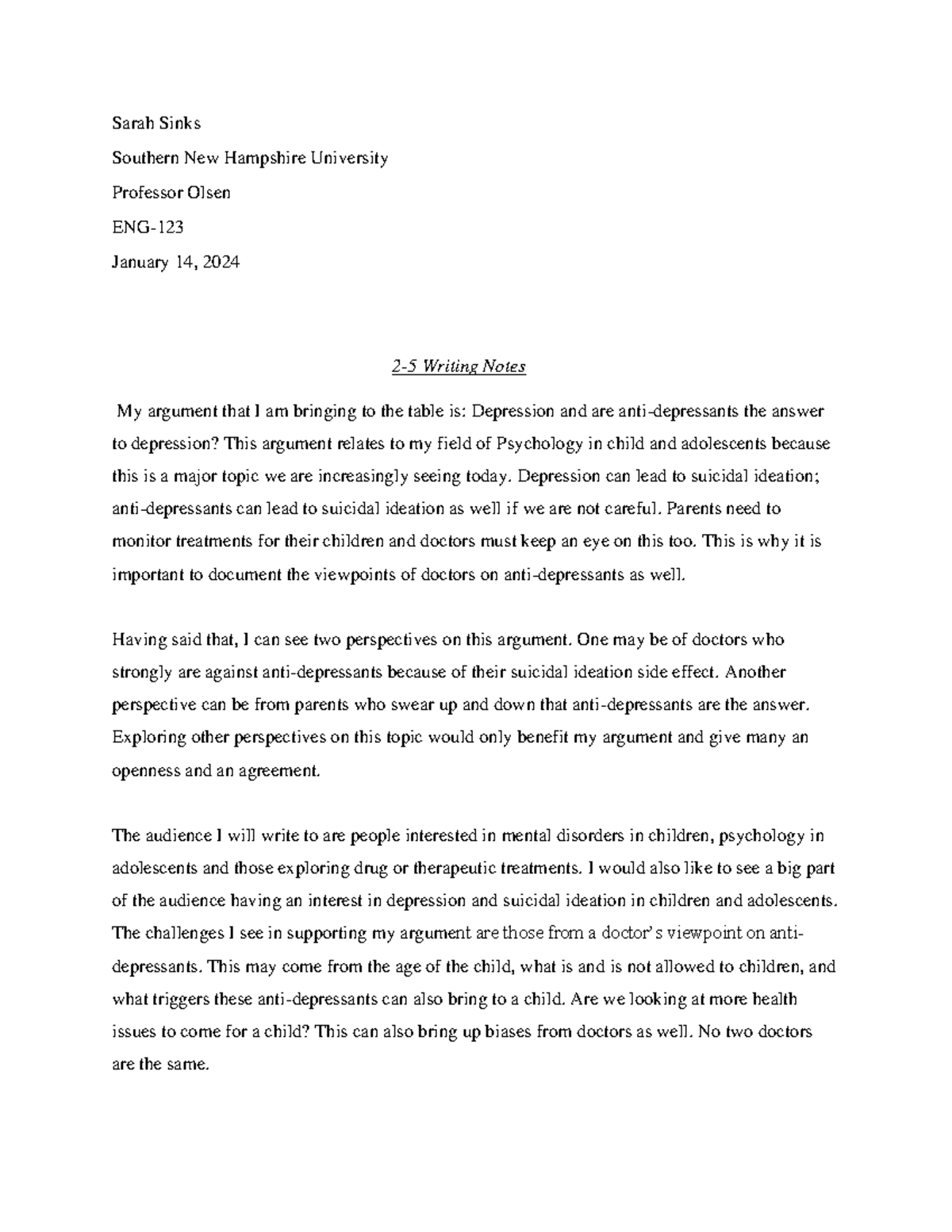 2-5 Assignment Writing Notes ENG-1231 - Sarah Sinks Southern New ...