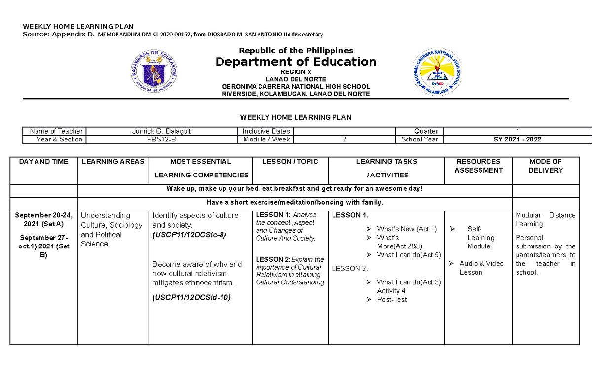 WHLP-UCSP-W2Q1 - Grade: 12 - WEEKLY HOME LEARNING PLAN Source: Appendix ...