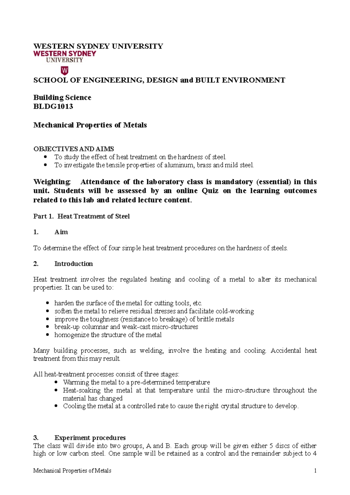 Building Science Practical 2 Mechanical Properties - WESTERN SYDNEY ...