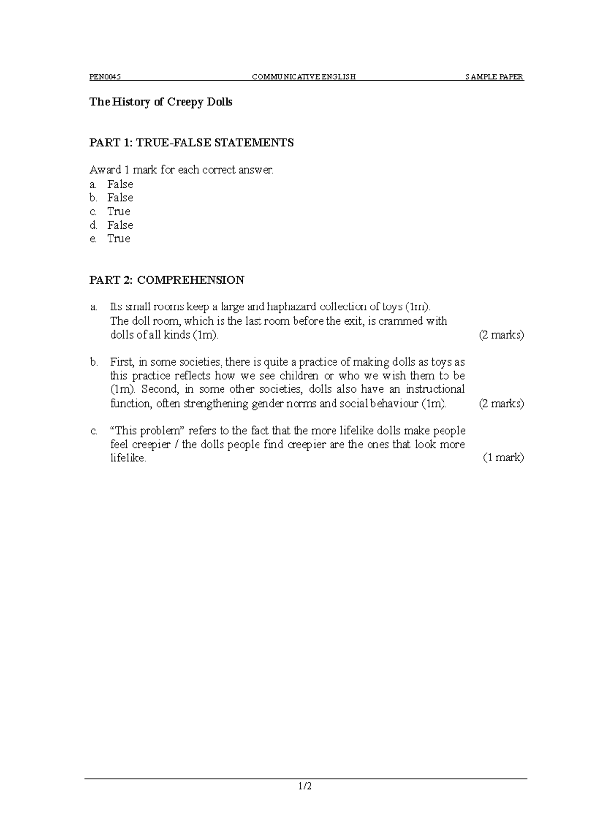 Answer creepy doll - Lecture notes - PEN0045 COMMUNICATIVE ENGLISH ...