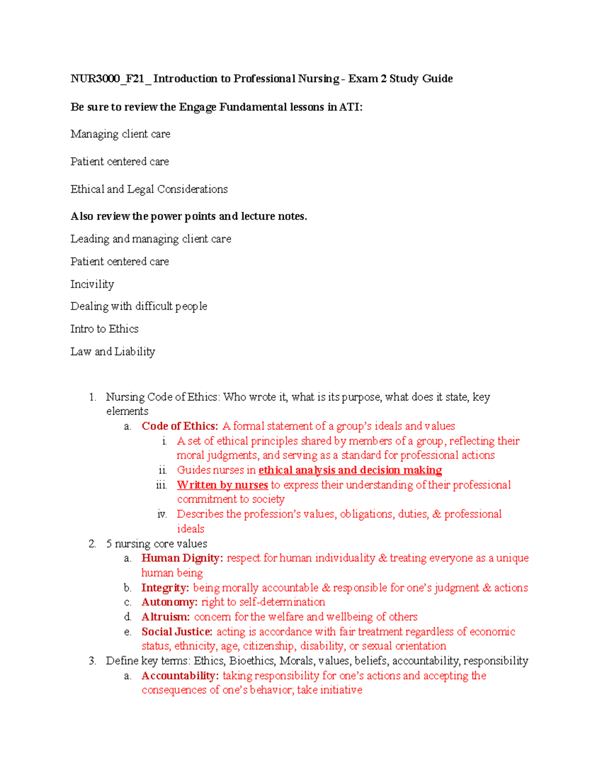 NUR3000 S22 Exam 2 study guide - NUR3000_F21_ Introduction to Professional Nursing - Exam 2 ...