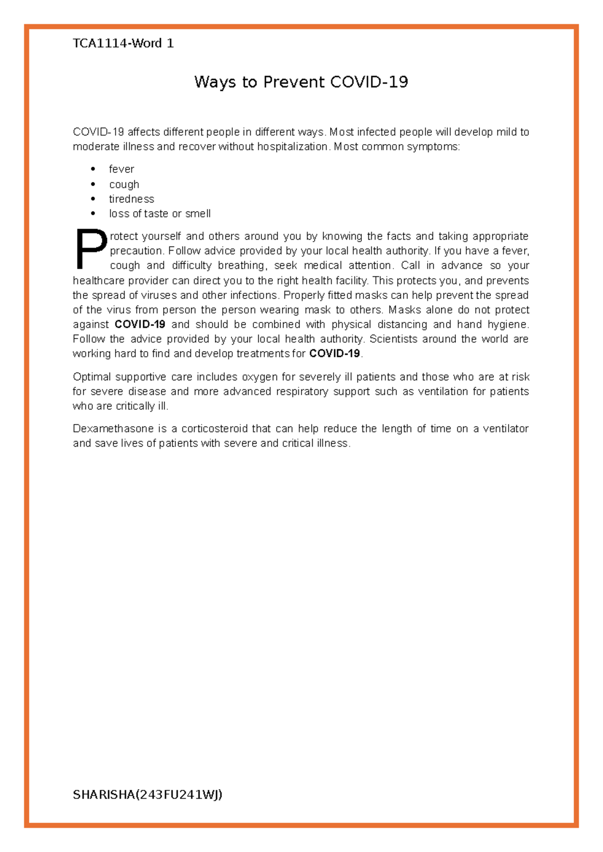 Word 1 Sharisha 243FU241WJ - TCA1114-Word 1 Ways to Prevent COVID ...