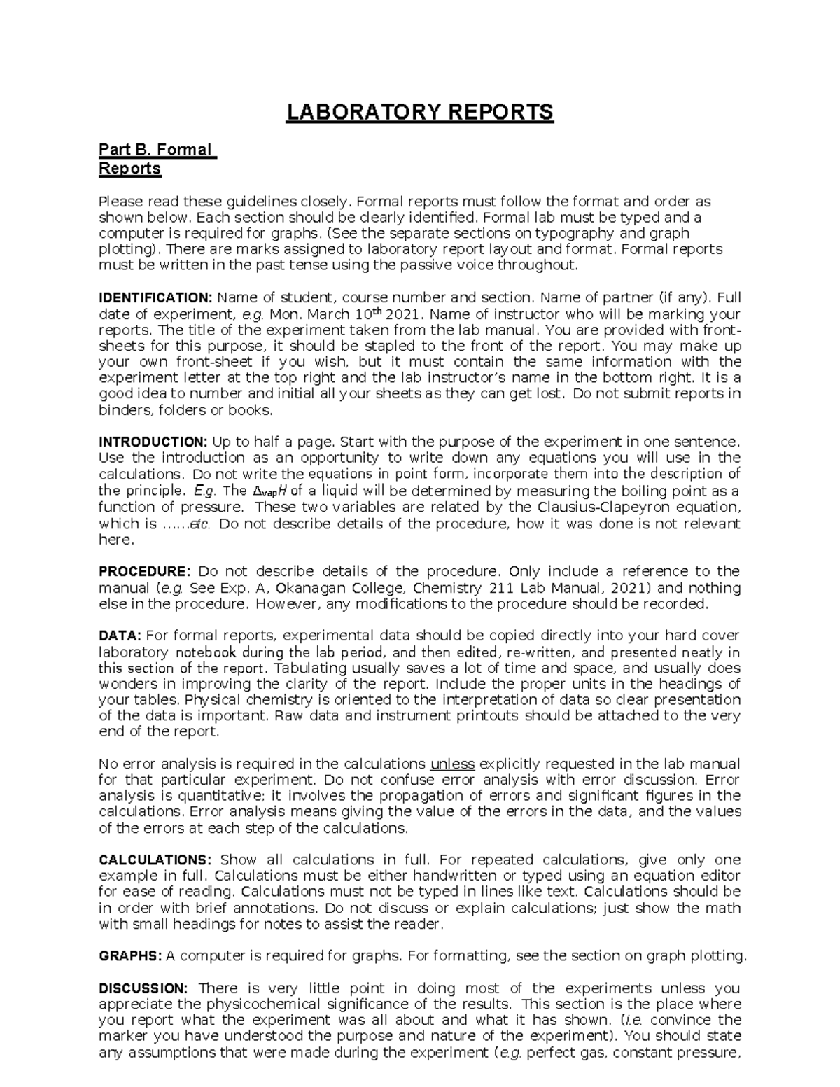 Formal Lab Guidelines - Part B. Formal Reports LABORATORY REPORTS ...