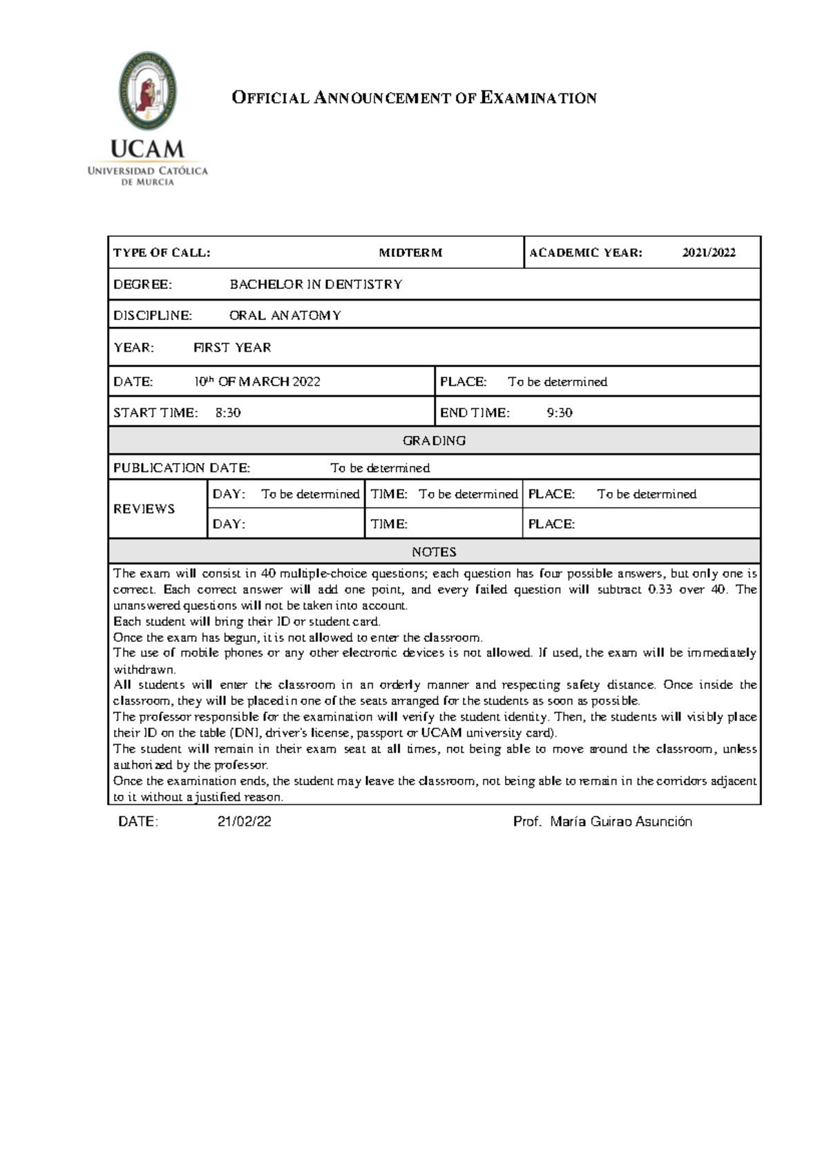Official announcement of examination. Oral Anatomy. 10-03-22 - OFFICIAL ...