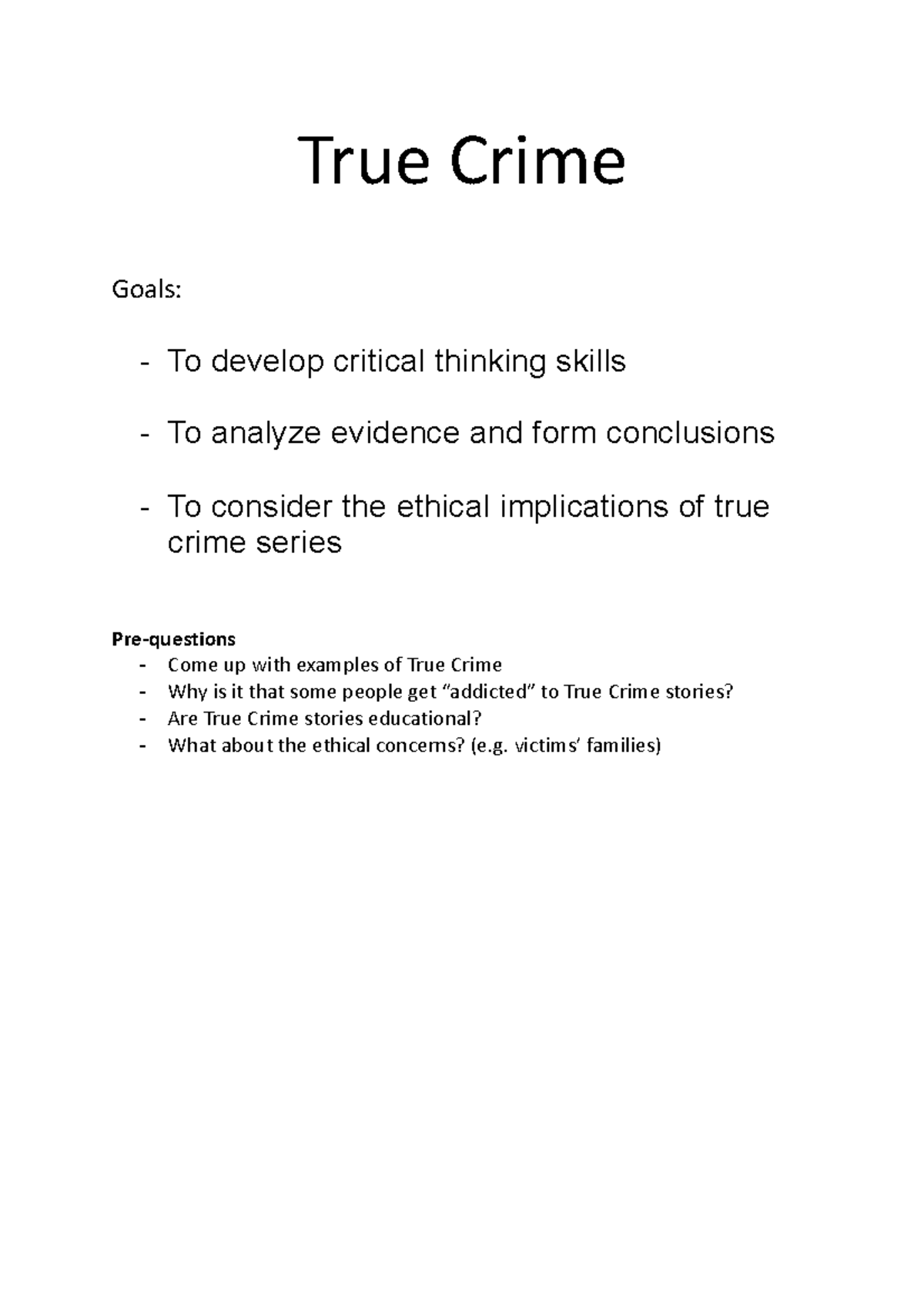 True Crime zodiac - True Crime Goals: To develop critical thinking ...