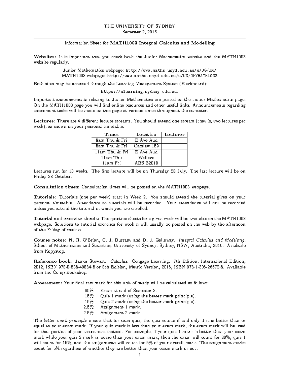 Integral calculus and modelling outline - THE UNIVERSITY OF SYDNEY Semester 2, 2016 Information ...