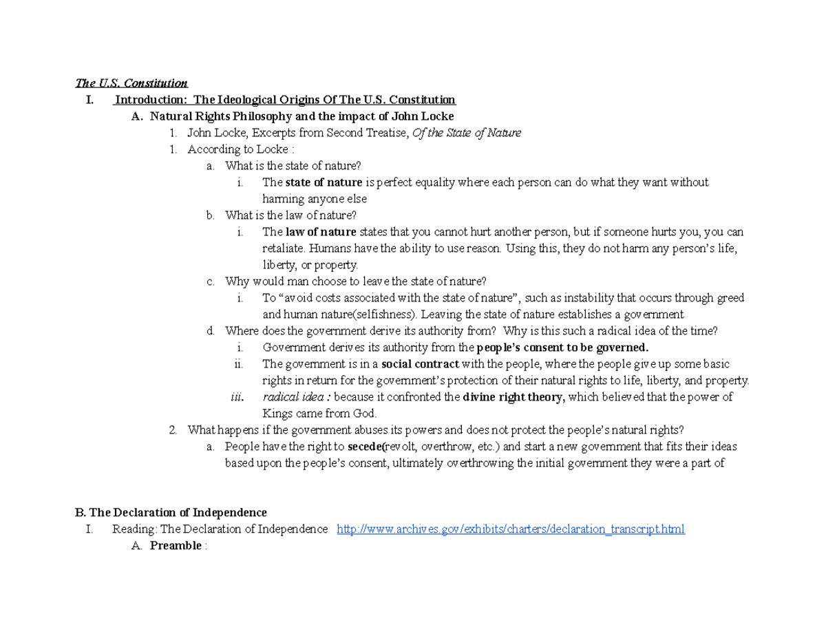 Constitution notes - The U. Constitution I. Introduction: The ...