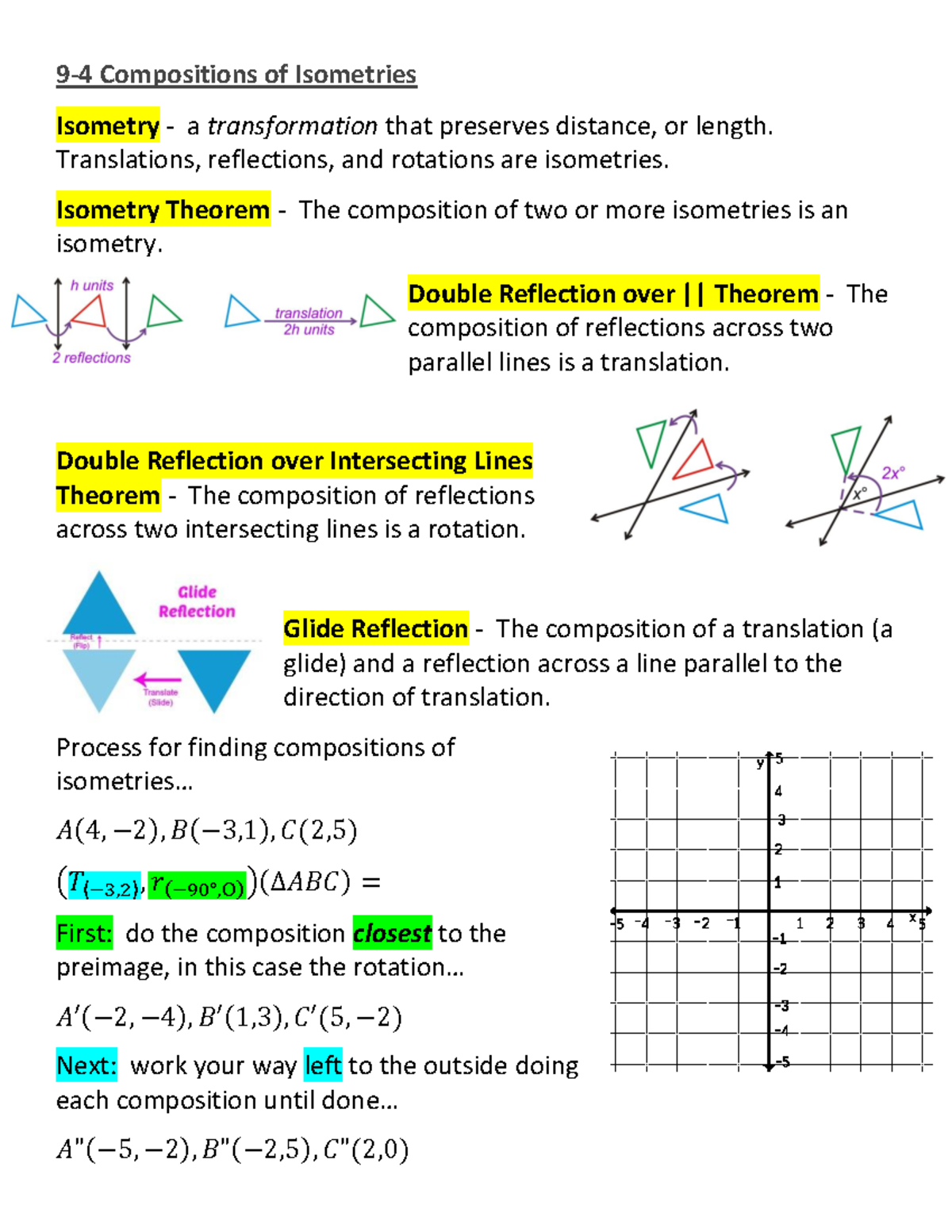 Hgeo teacher 9-4 - notes - 9-4 Compositions of Isometries Isometry - a ...
