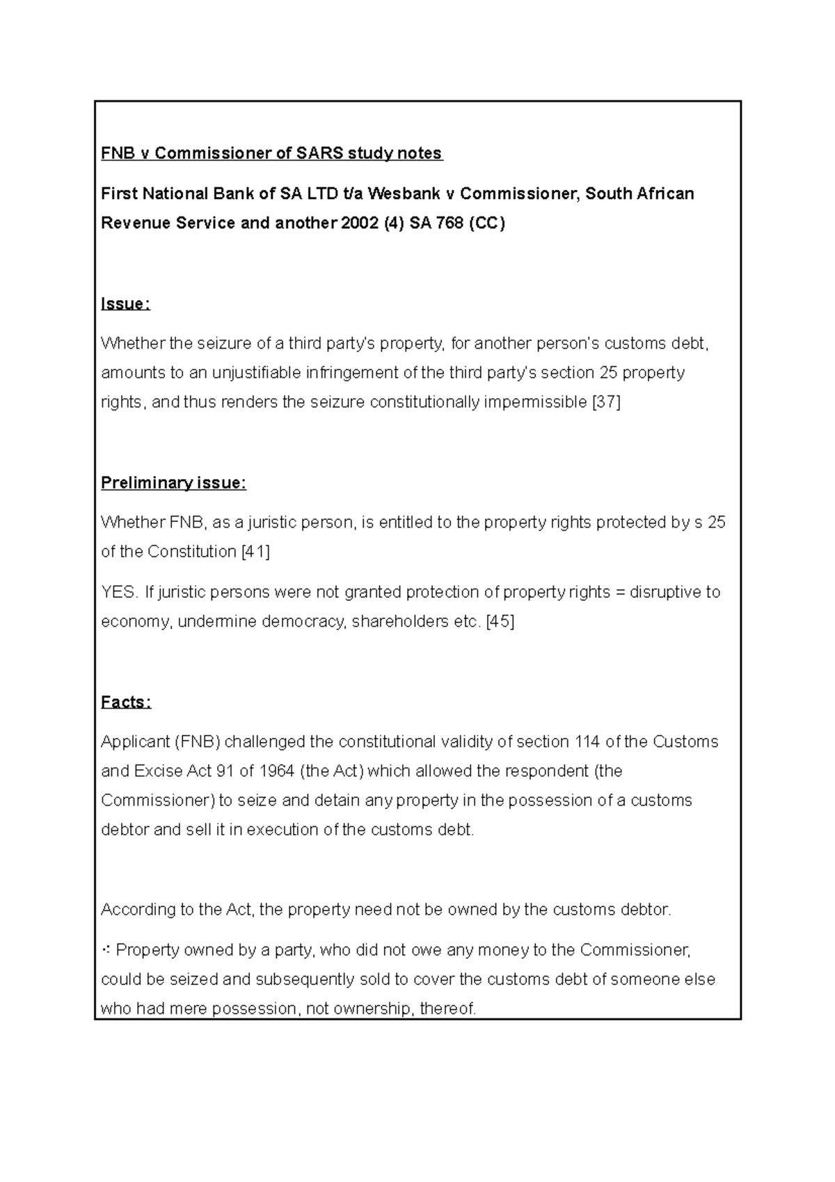 FNB v Commissioner of SARS study notes - If juristic persons were not ...