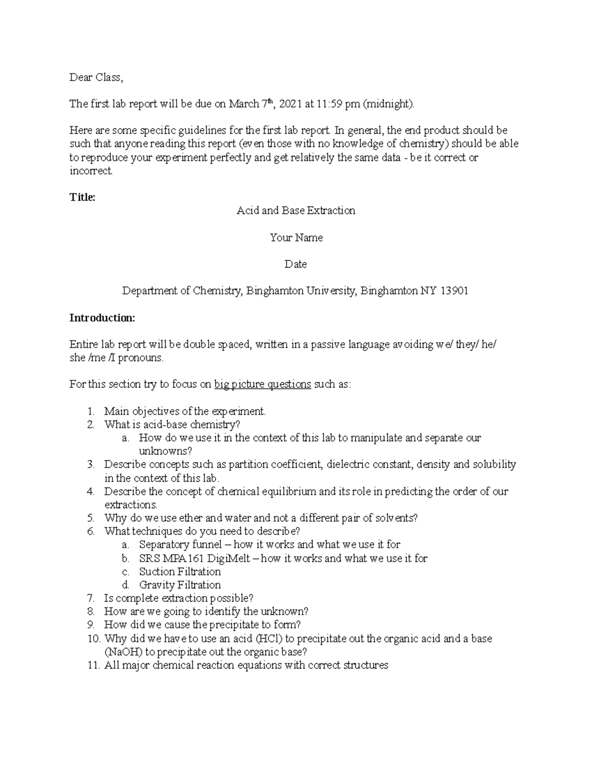 Chem 335 - Acid and Base Extraction Guidelines - Dear Class, The first ...