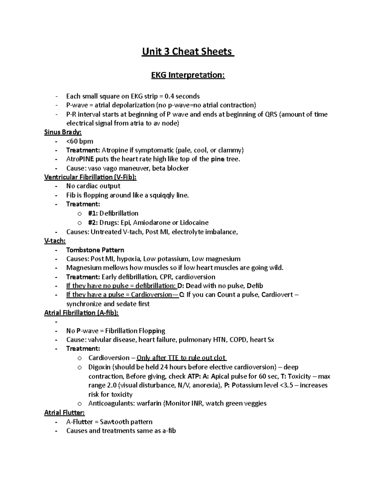 Unit 3 Cheat Sheets - Cardiac - Unit 3 Cheat Sheets EKG Interpretation ...