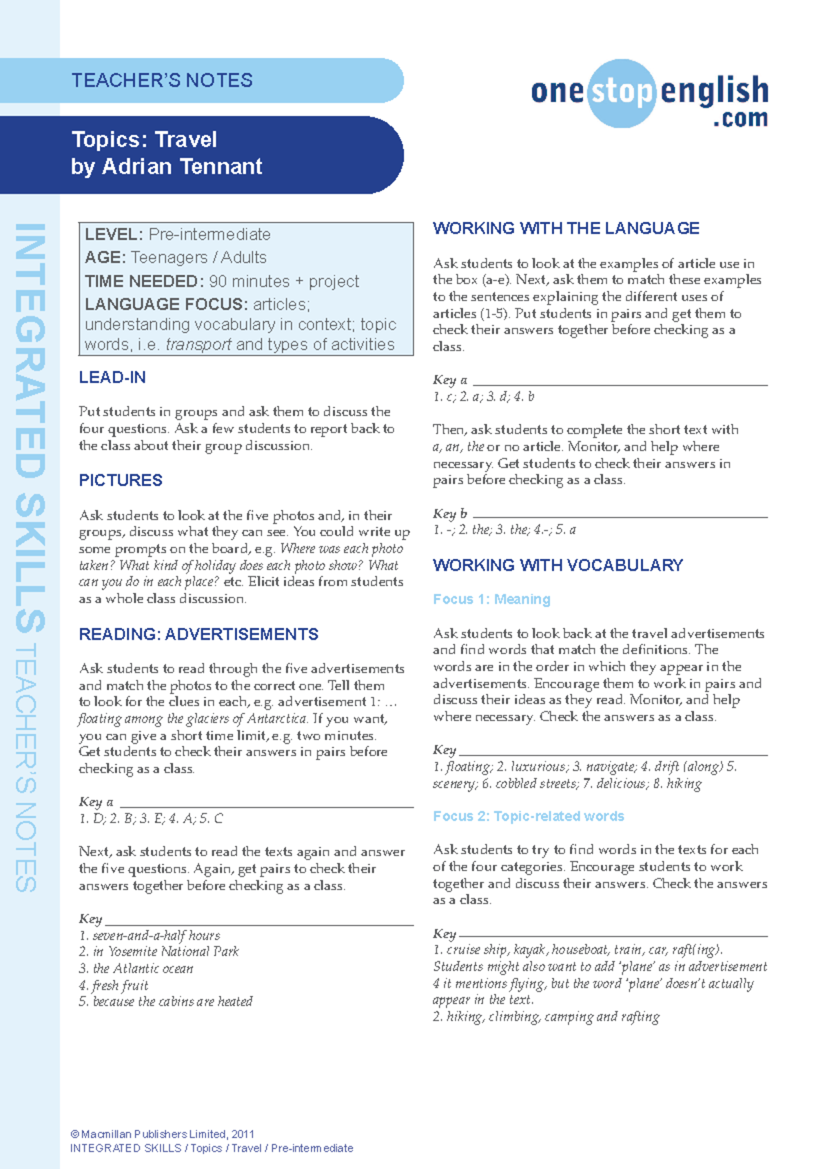 Topics-Travel Pre-intermediate - TEACHER’S NOTES Topics: Travel by ...