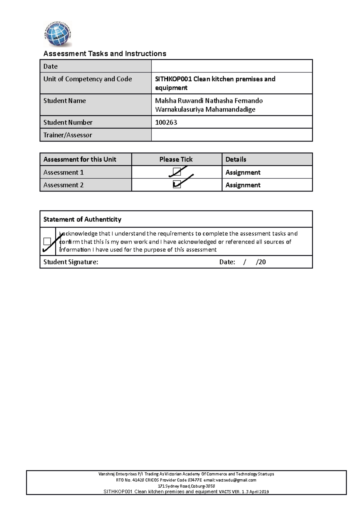 Sithkop 001 - Clean Kitchen - Assessment Tasks and Instructions Date ...