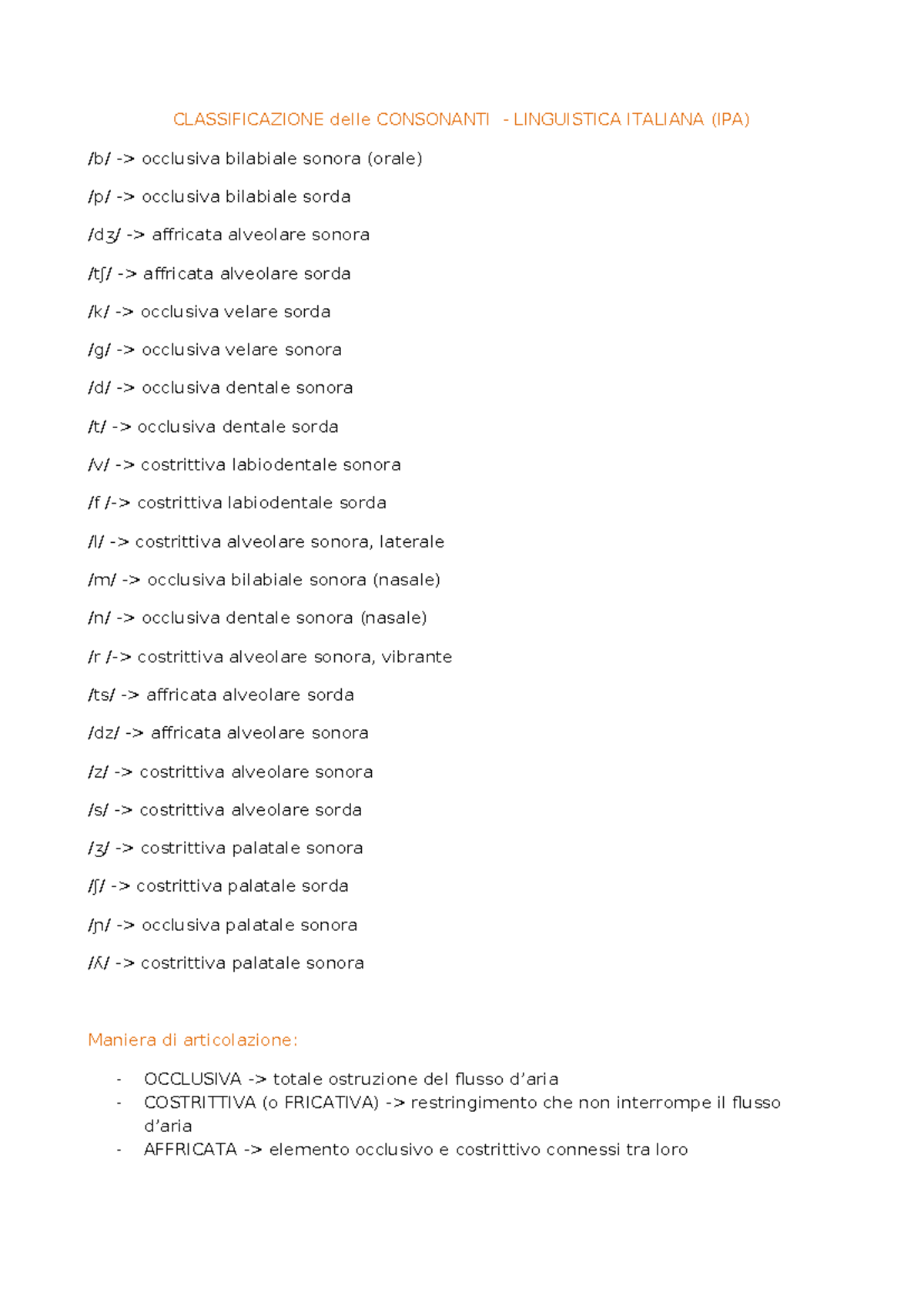 Classificazione delle Consonanti - linguistica italiana (IPA ...