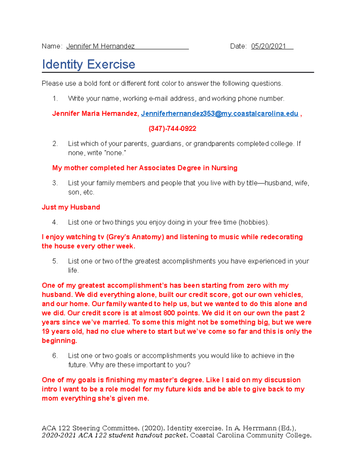 J. Hernandez Identity Exercise Assignment - Name: Jennifer M Hernandez ...