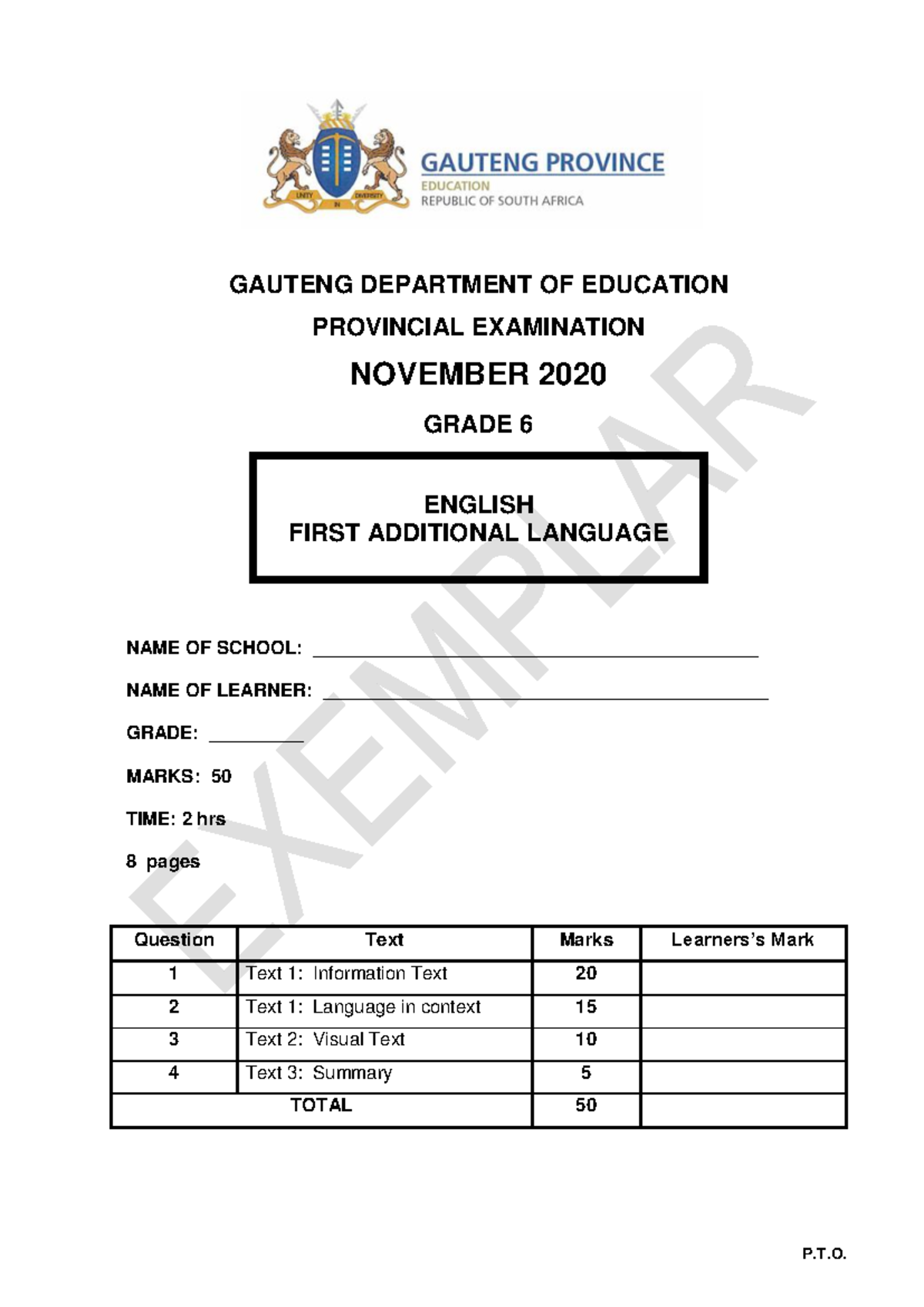 Gr 6 English (First Additional Language) 2020 Exemplars Question Paper ...