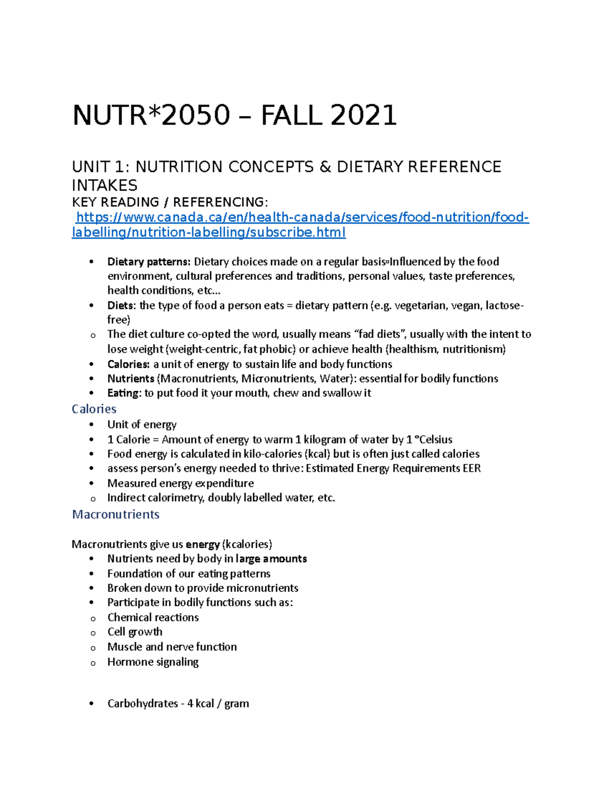 NUTR2050 U1 U2 - Lecture Notes on Unit 1 Dietary Reference Intakes and ...