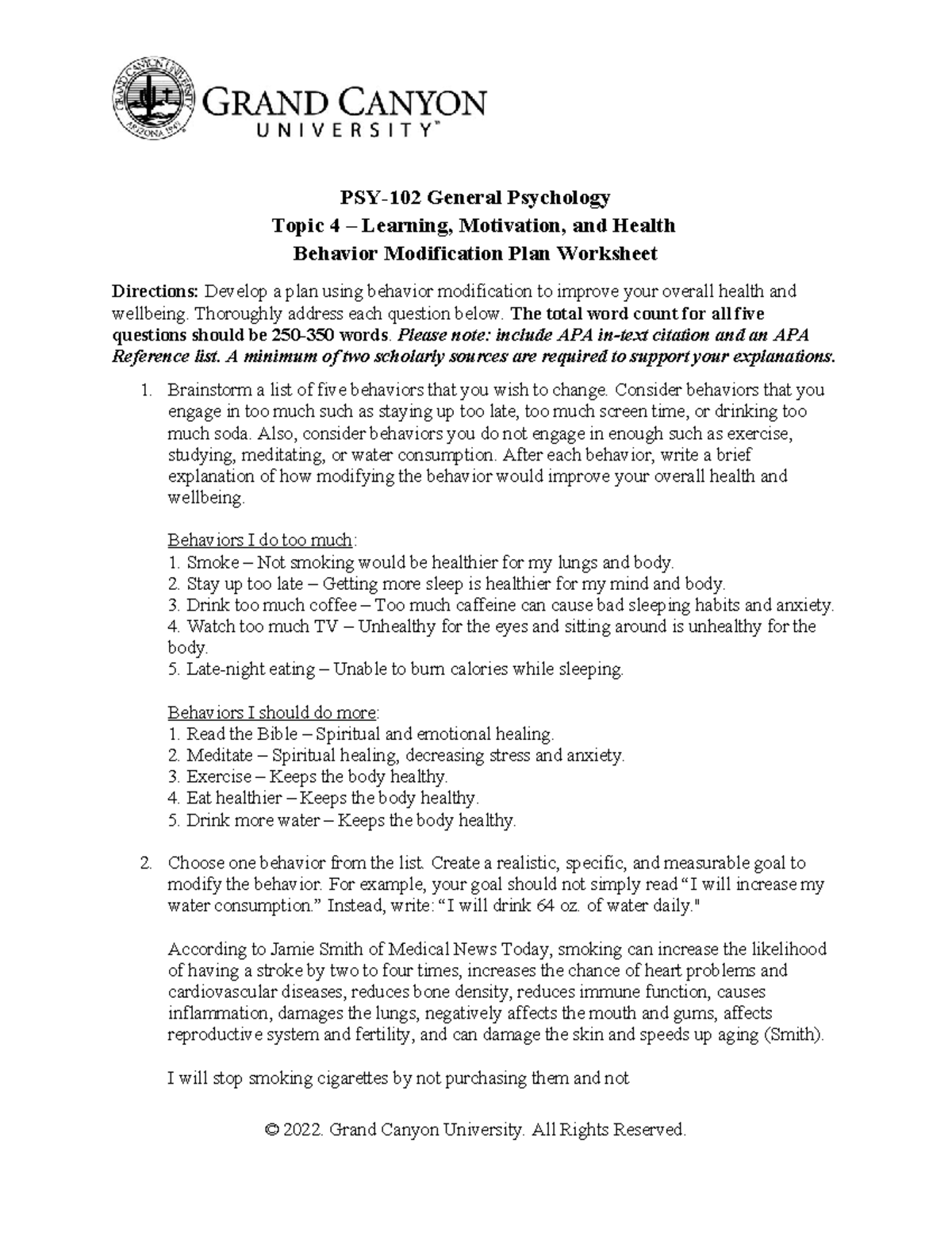 PSY102 - Behavior Modification Plan - PSY-102 General Psychology Topic ...