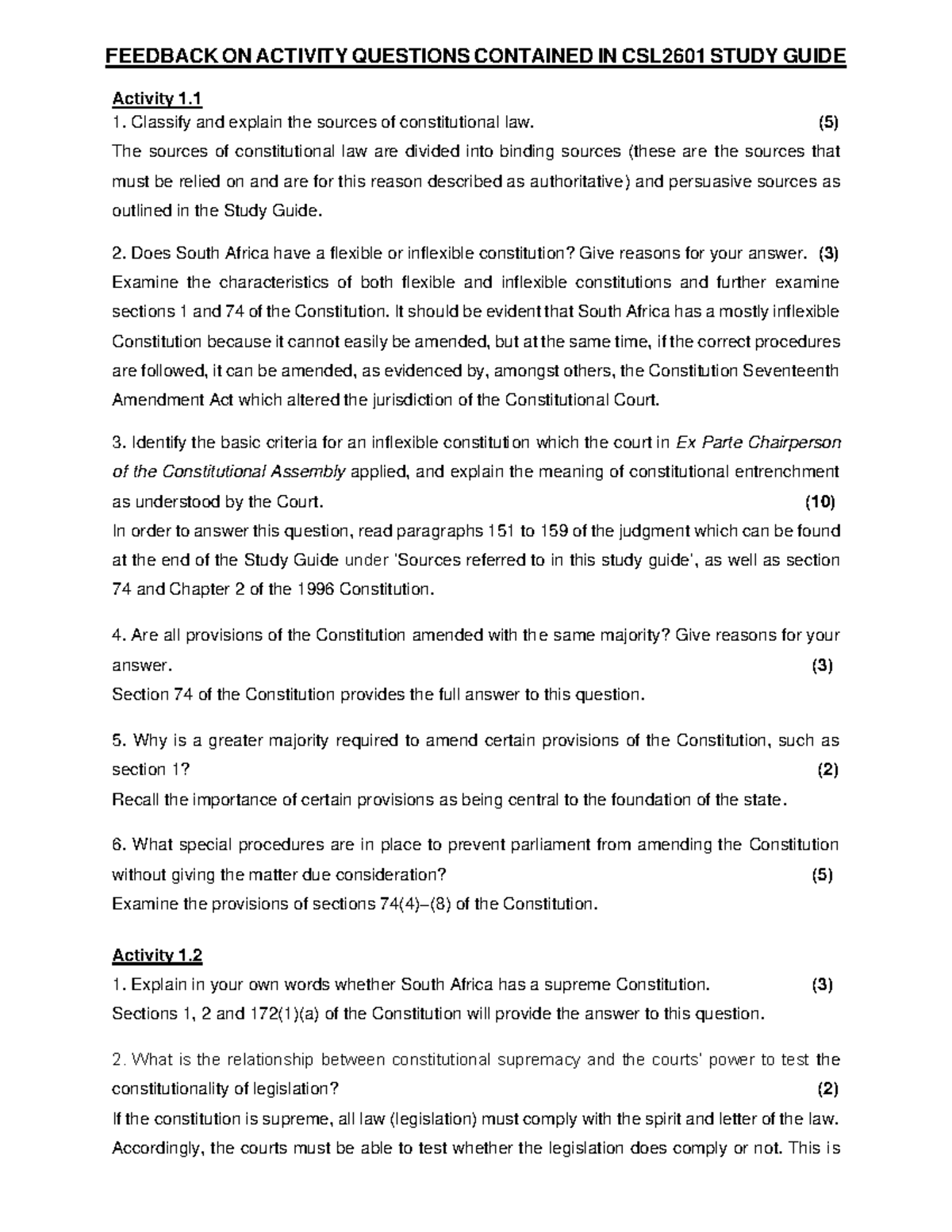 Study Guide Activities MEMO - FEEDBACK ON ACTIVITY QUESTIONS CONTAINED ...