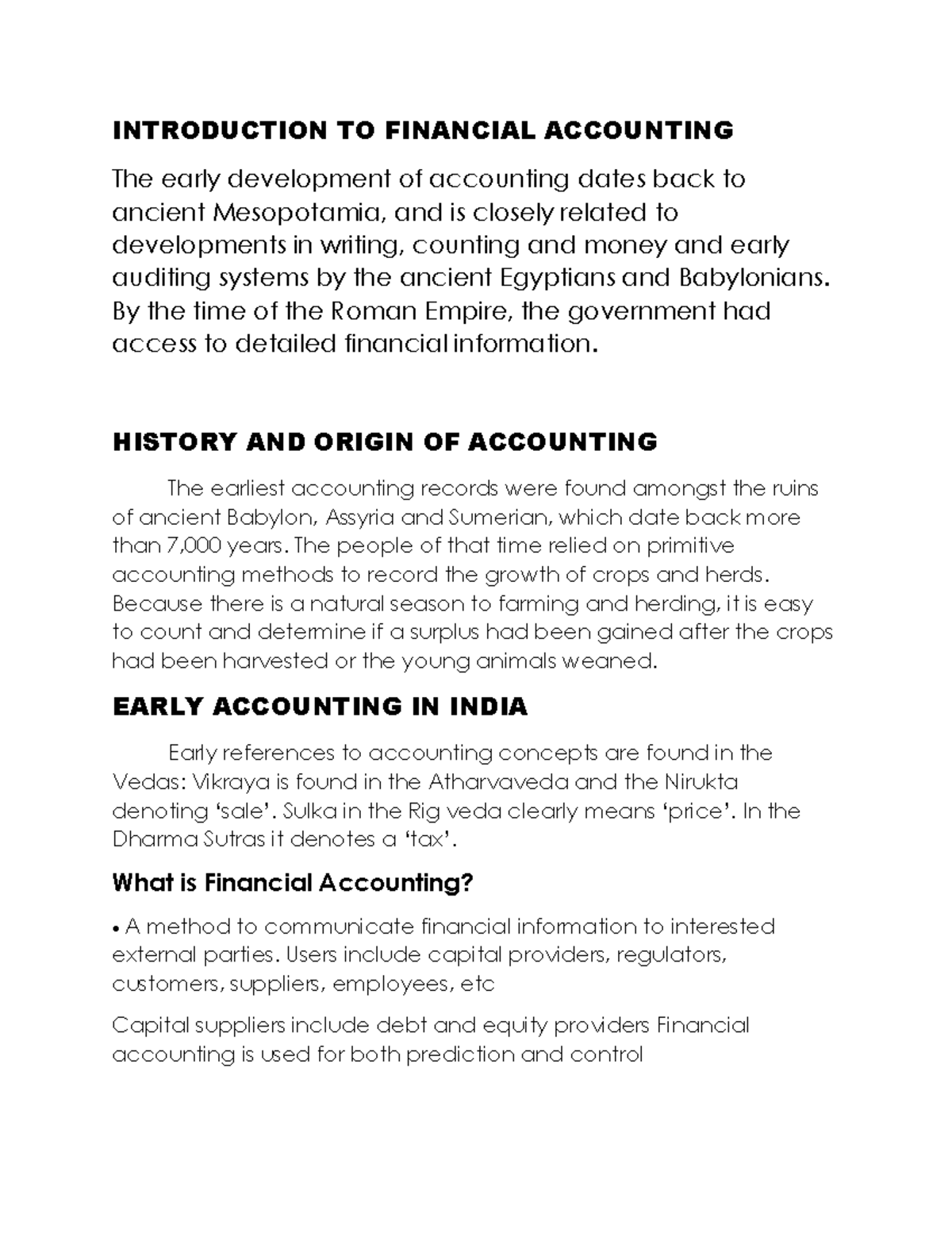 HISTORY OF ACCOUNTING - INTRODUCTION TO FINANCIAL ACCOUNTING The early ...