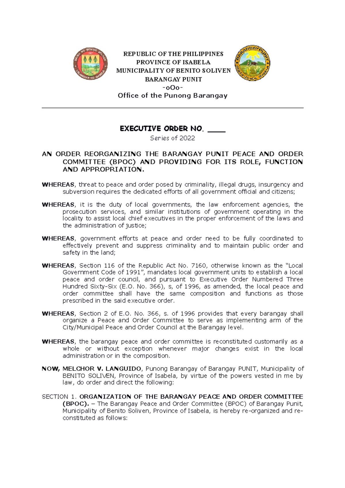 EXCUTIVE ORDER BPOC - REPUBLIC OF THE PHILIPPINES PROVINCE OF ISABELA ...